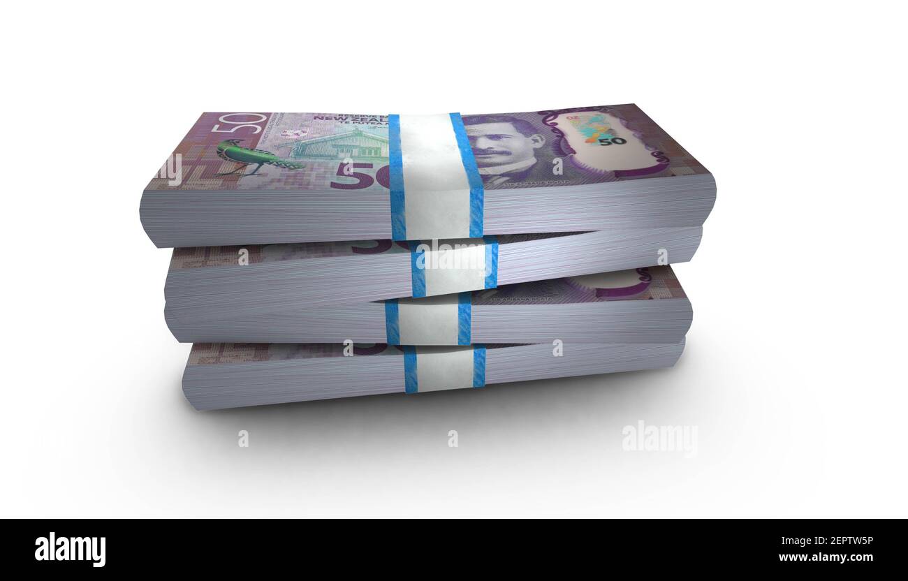3D illustration of New Zealand 50 Dollars bills stacks background Stock ...