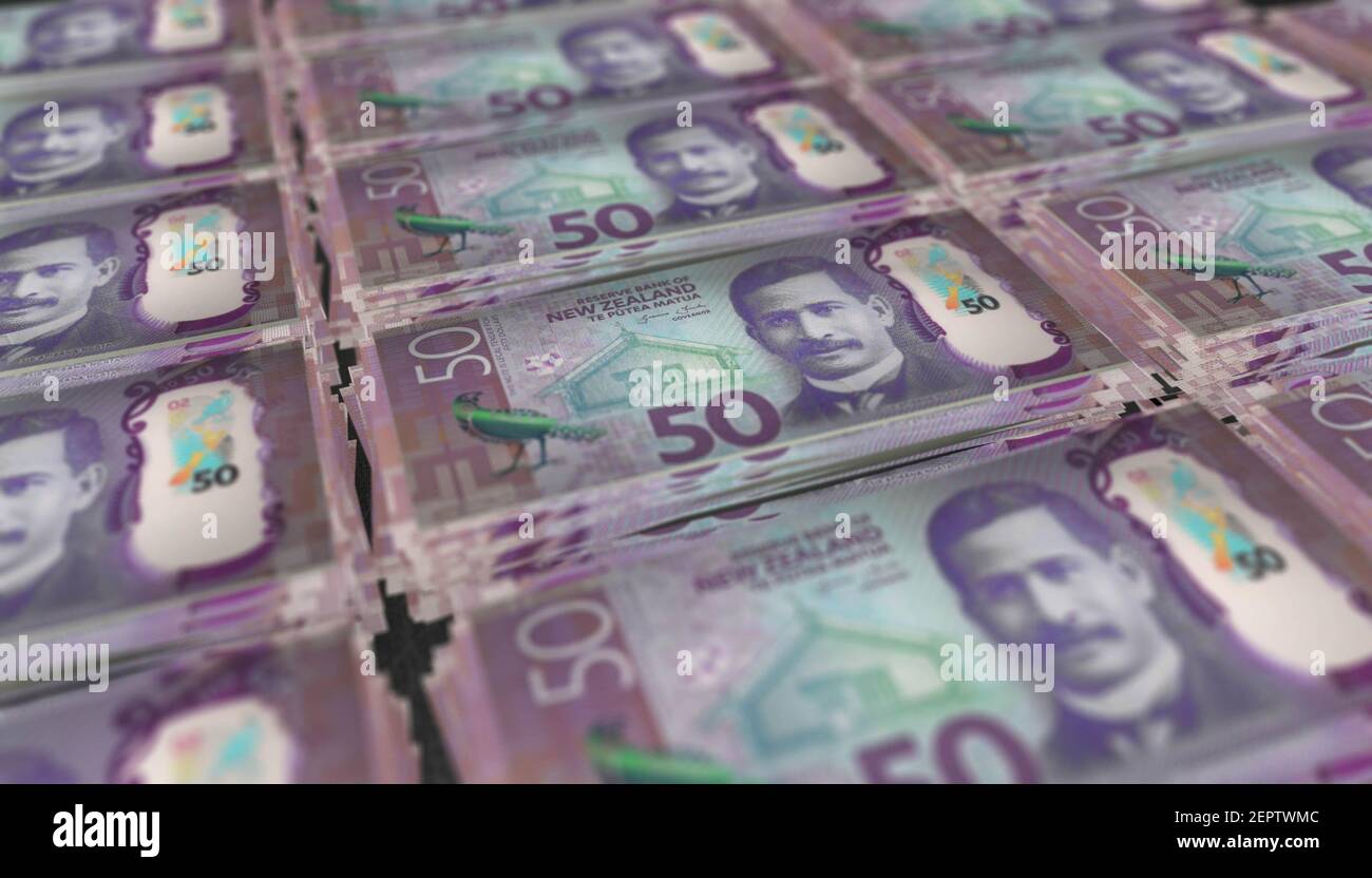 3D illustration of New Zealand 50 Dollars bills stacks background Stock ...