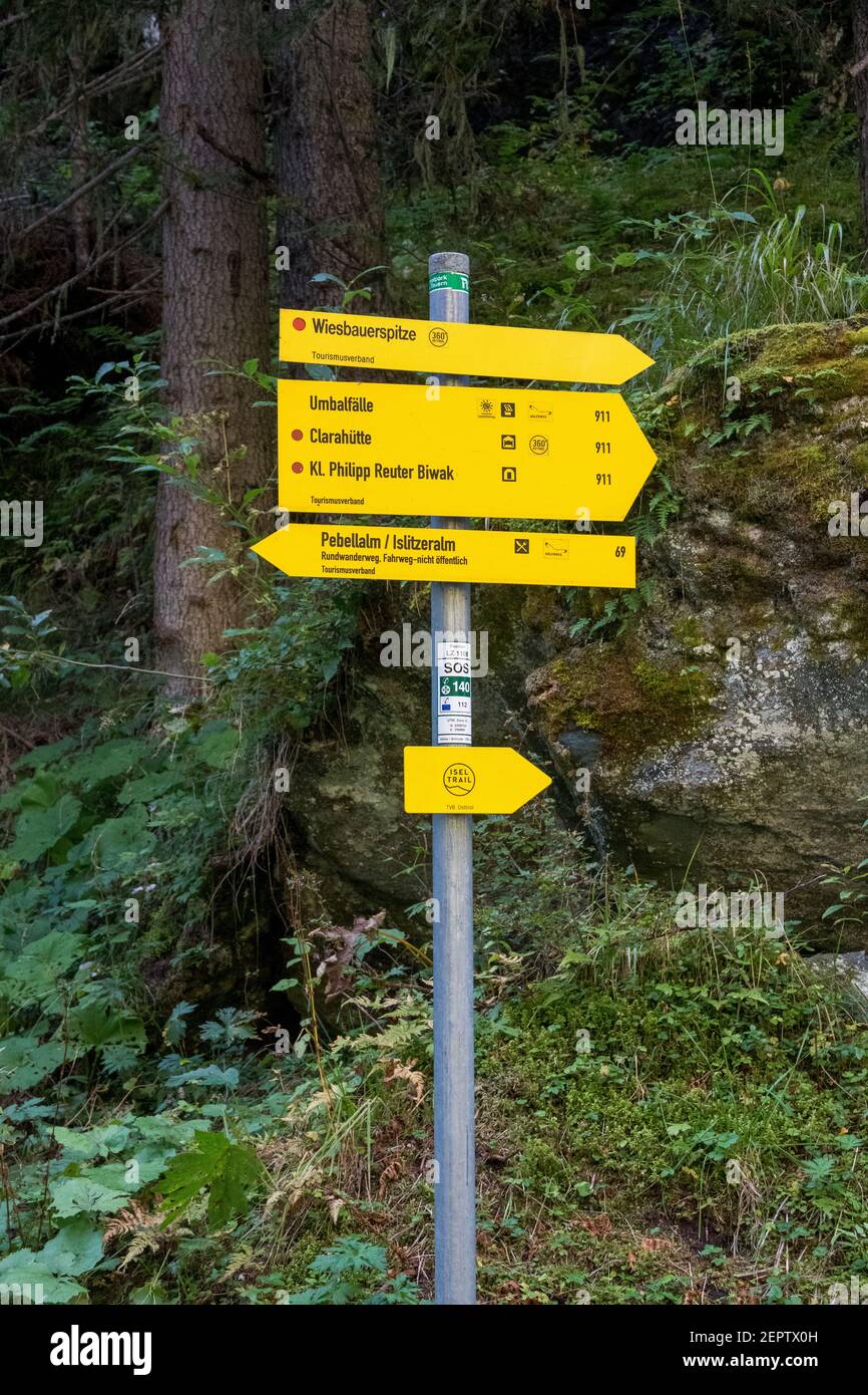 Yellow trail signs of Isel Trail. Umbaltal alpine valley. Virgental in ...
