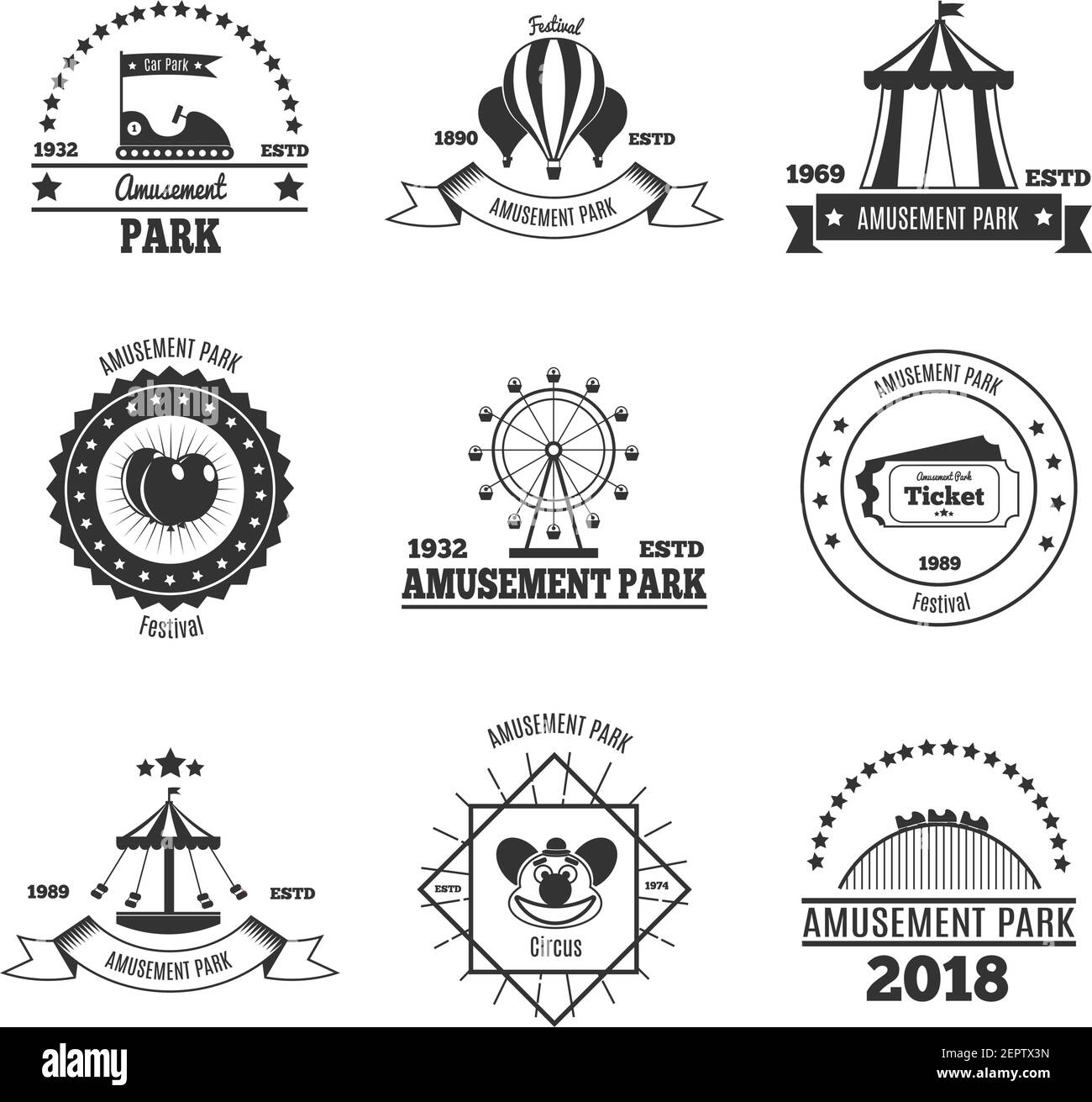 Amusement park emblems collection of nine monochrome images with text ...