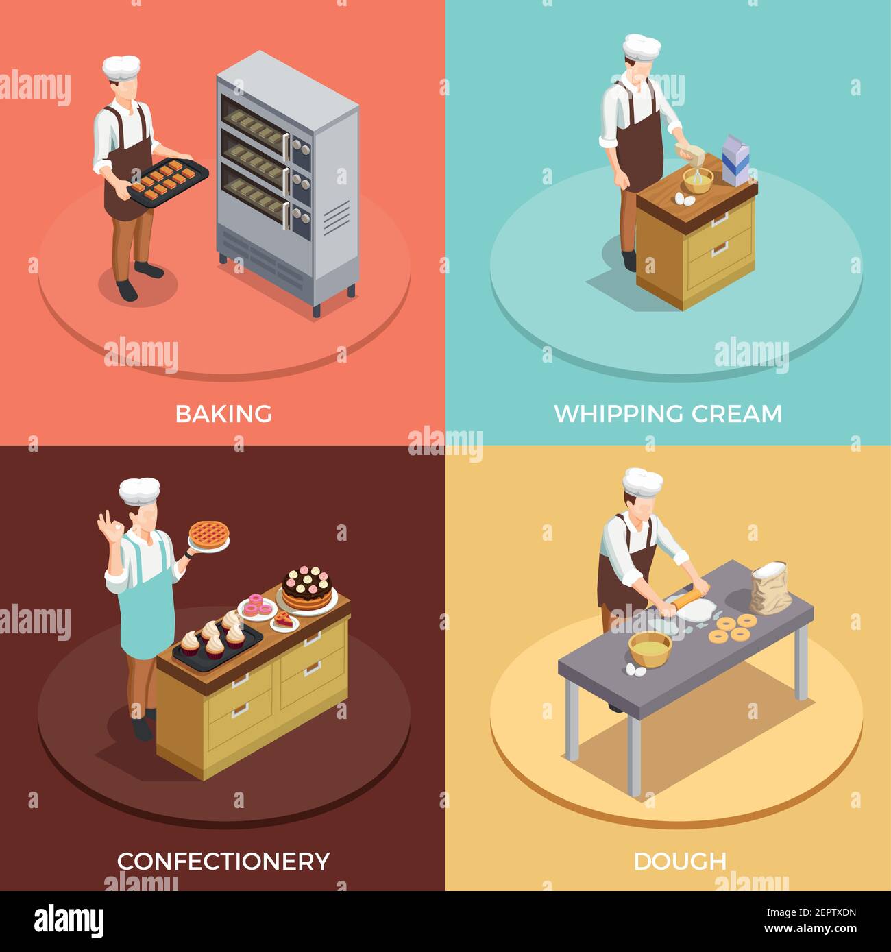 Confectionery chef concept isometric icons set with bakery symbols ...