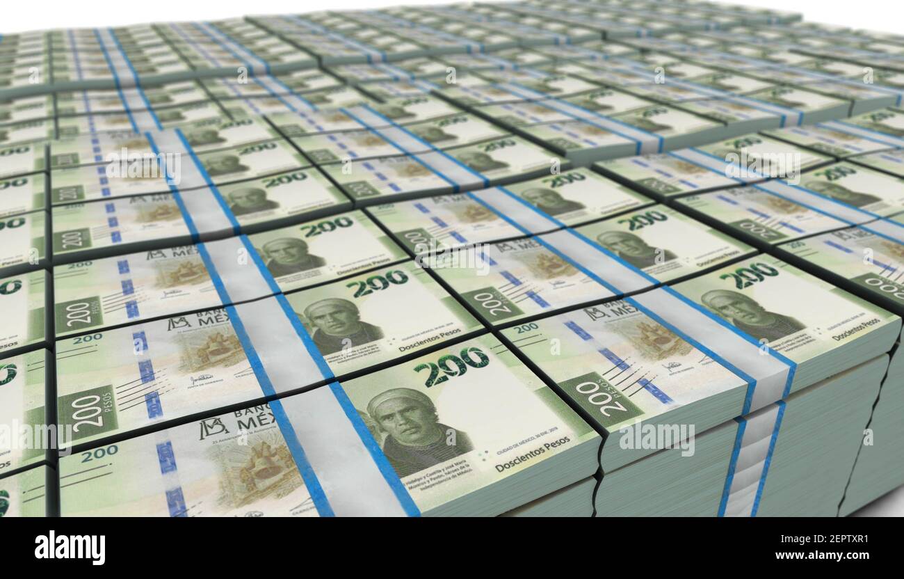 3D illustration of Mexico 200 Pesos bills stacks background Stock Photo ...