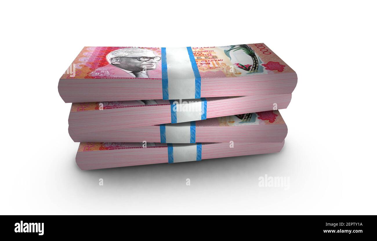 3D illustration of Mauritius 2000 Rupees bills stacks background Stock ...