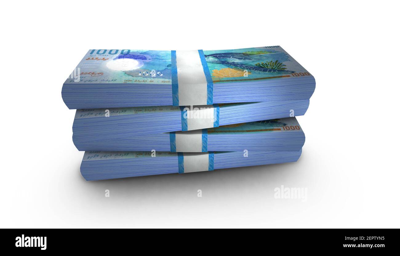 3D illustration of Maldives 1000 Rufiyaa bills stacks background Stock ...