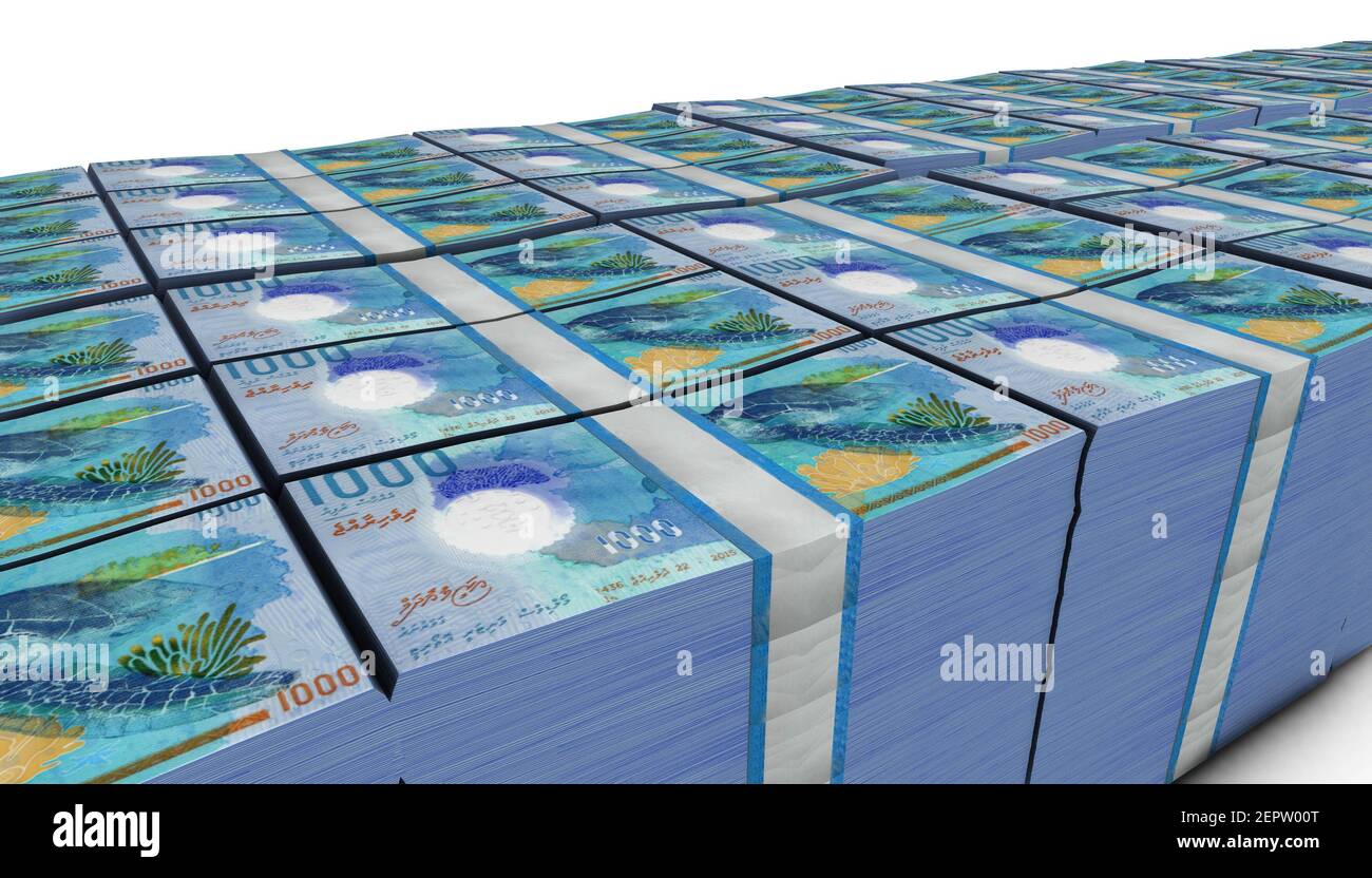 3D illustration of Maldives 1000 Rufiyaa bills stacks background Stock ...