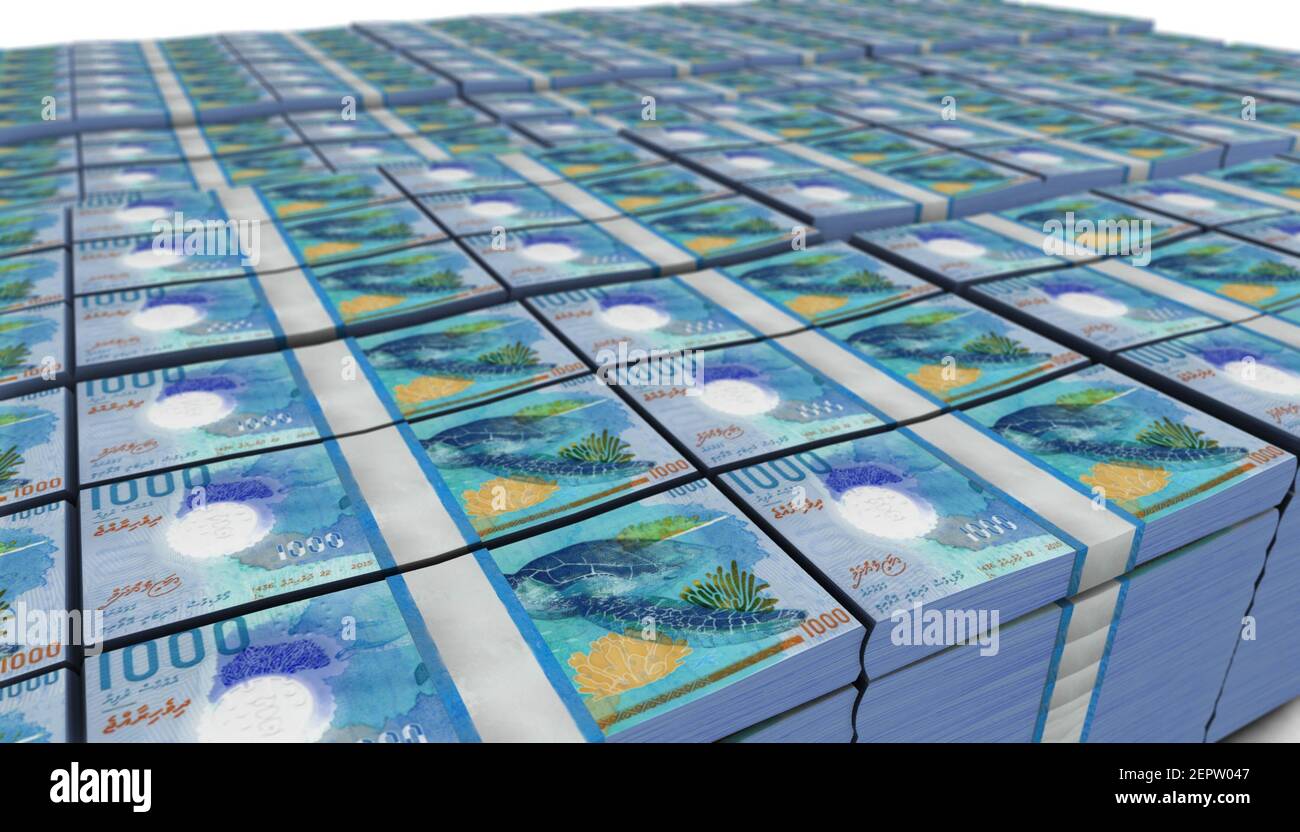 3D illustration of Maldives 1000 Rufiyaa bills stacks background Stock ...