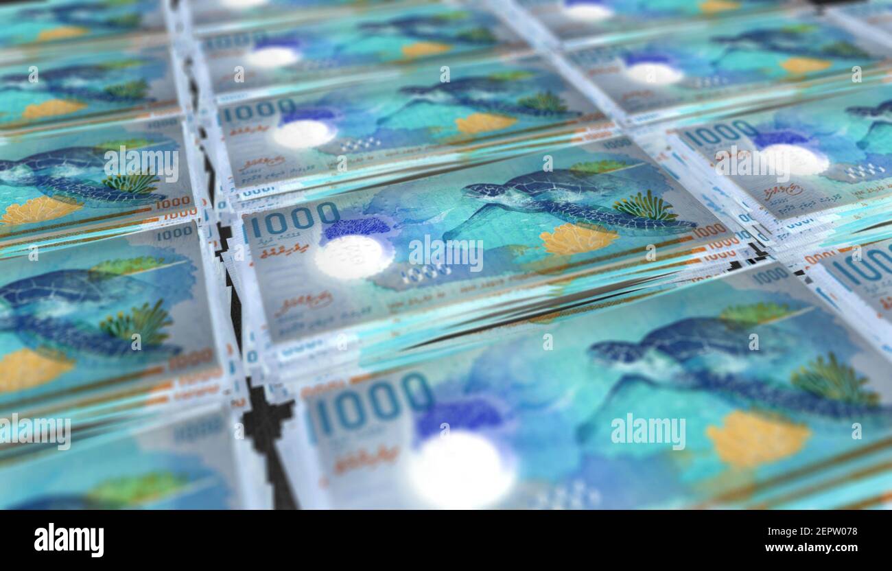3D illustration of Maldives 1000 Rufiyaa bills stacks background Stock ...