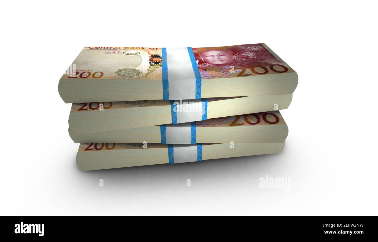 3D illustration of Lesotho 200 Maloti bills stacks background Stock ...