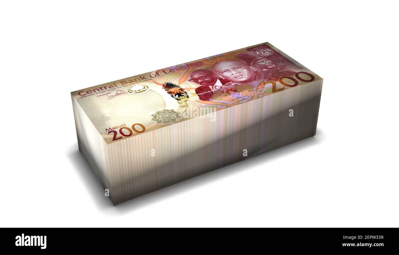 3D illustration of Lesotho 200 Maloti bills stacks background Stock ...