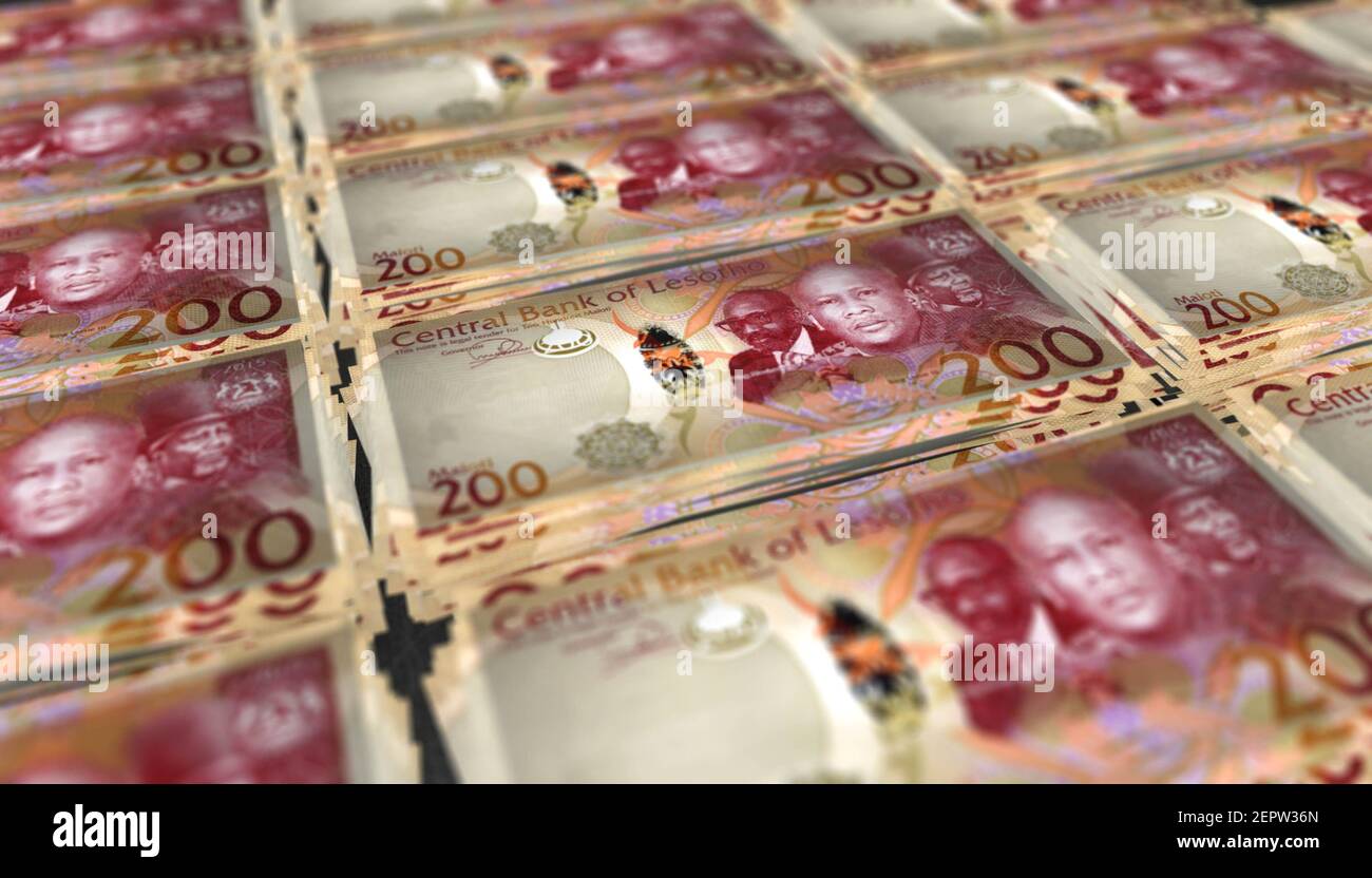3D illustration of Lesotho 200 Maloti bills stacks background Stock ...