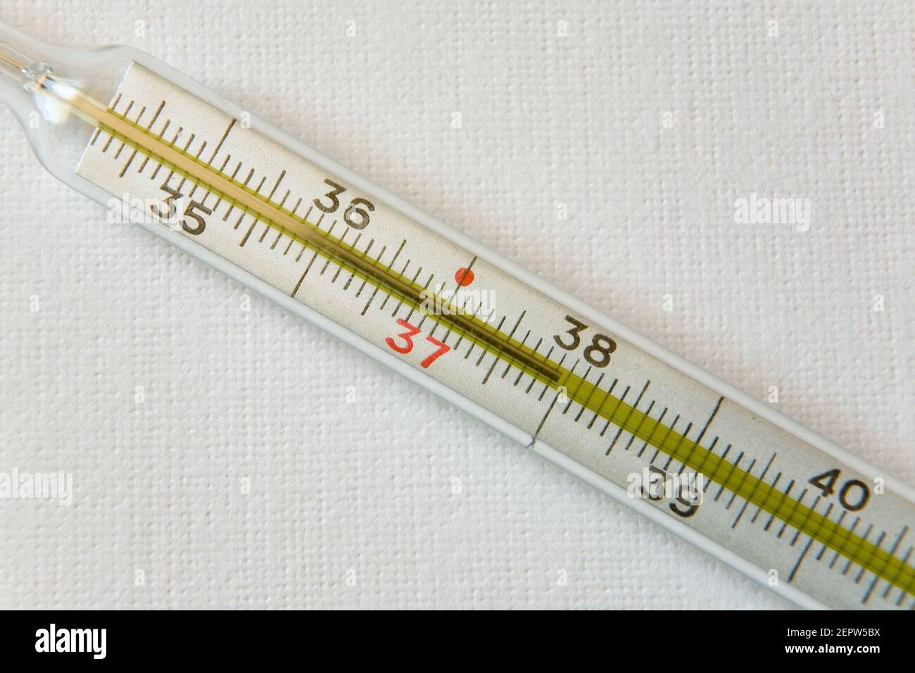 Medical thermometer shows elevated body temperature. Close-up Stock ...