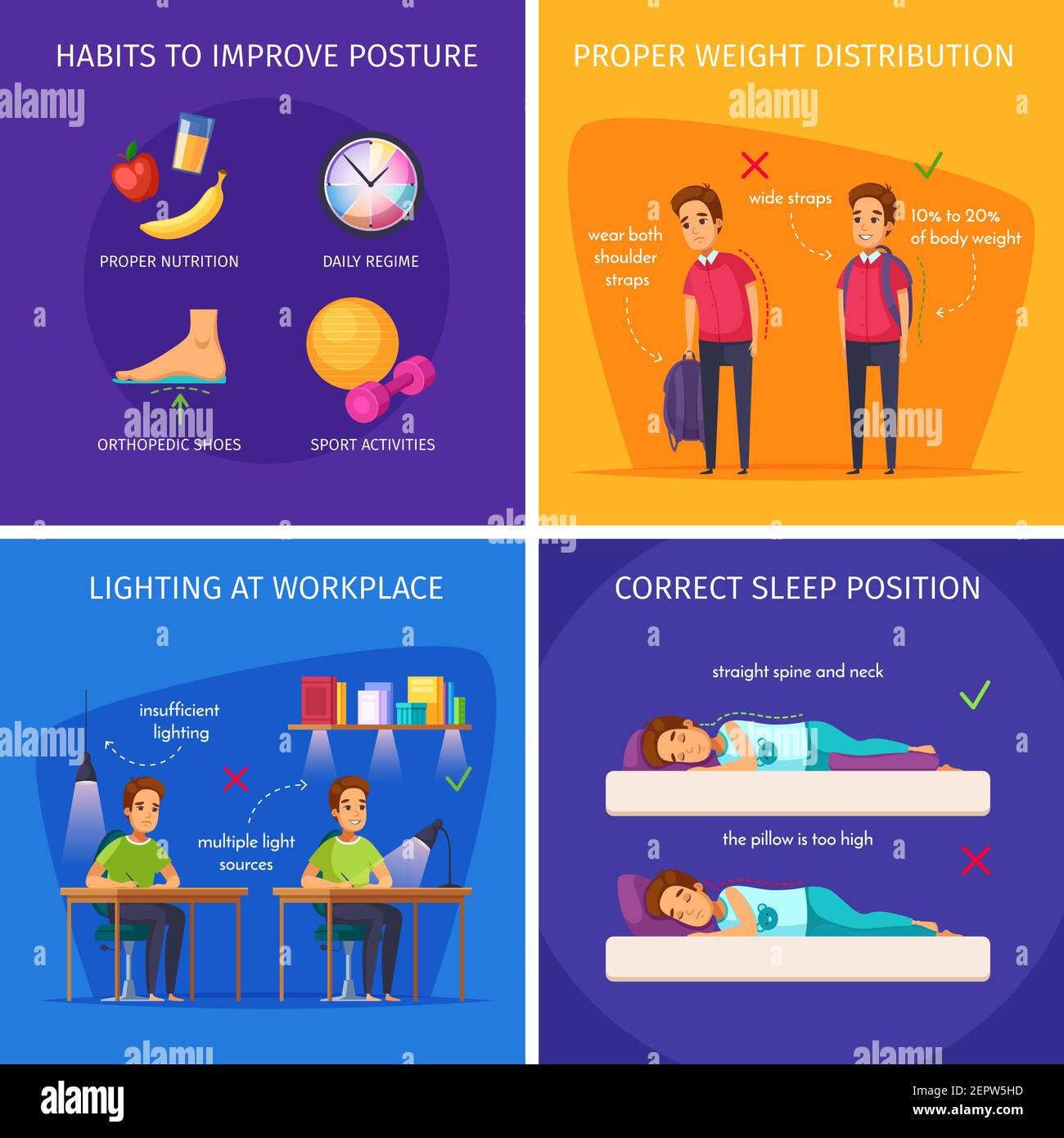 Children posture cartoon 2x2 design concept with correct sleep ...