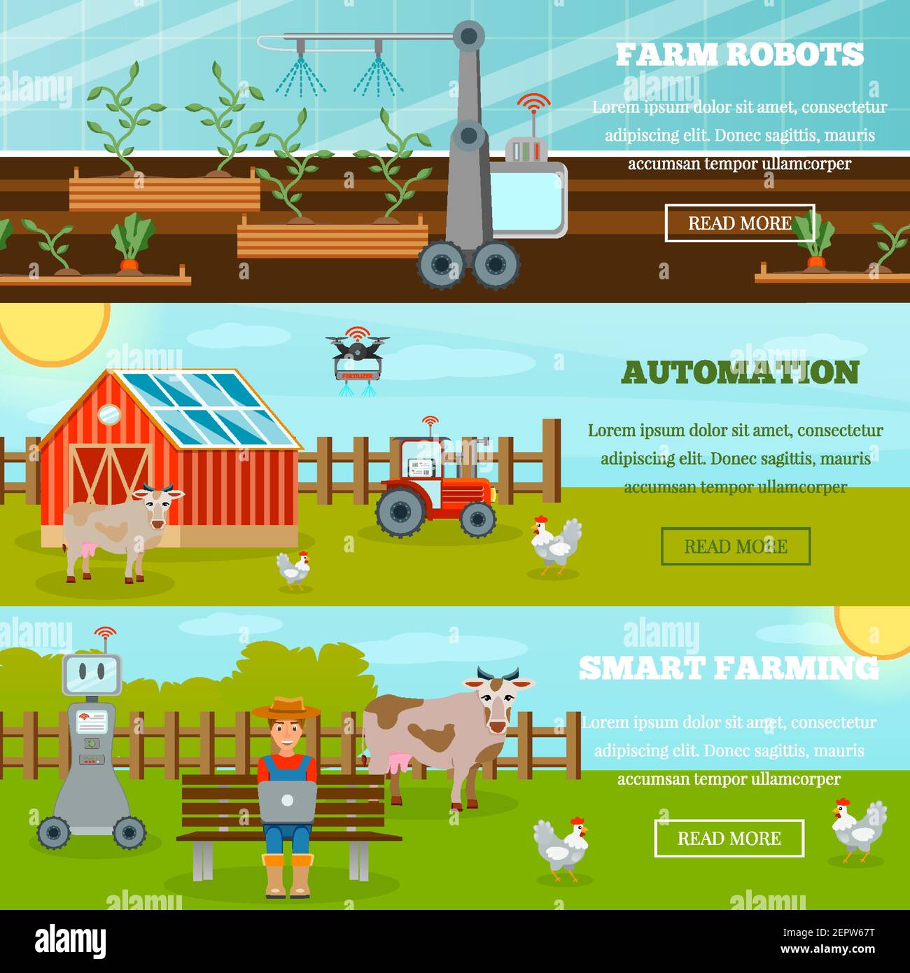 Smart farming horizontal banners with farm robots drones and internet ...