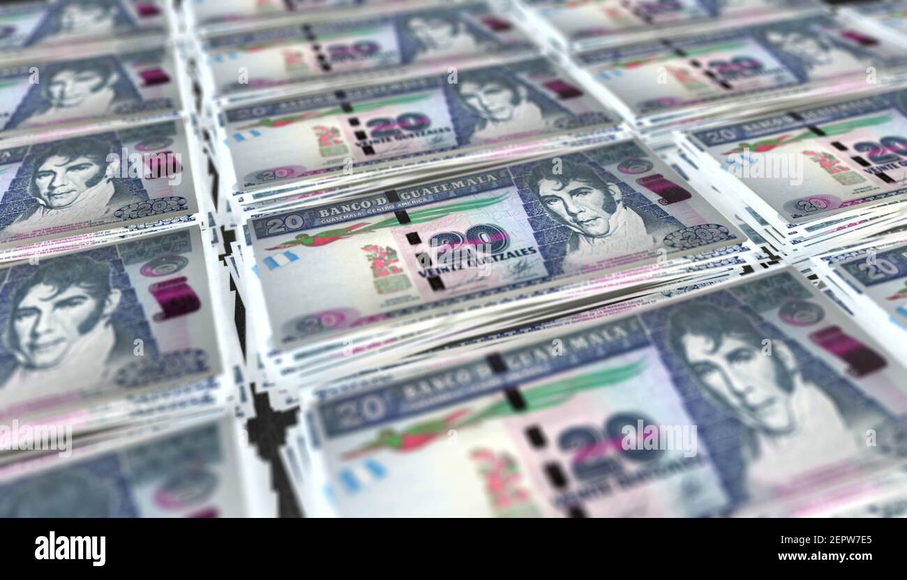 3D illustration of Guatemala 20 Quetzal bills stacks background Stock ...