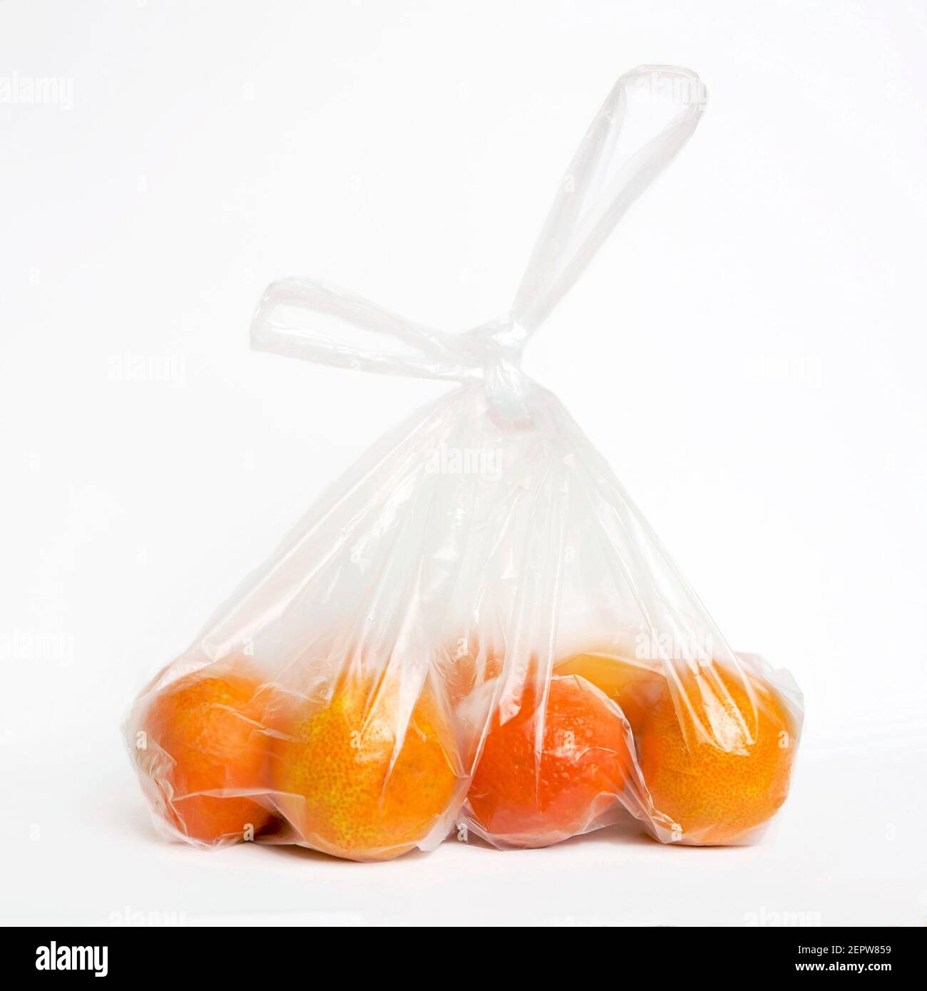 A transparent bag filled with fresh oranges tied at the top, captured ...