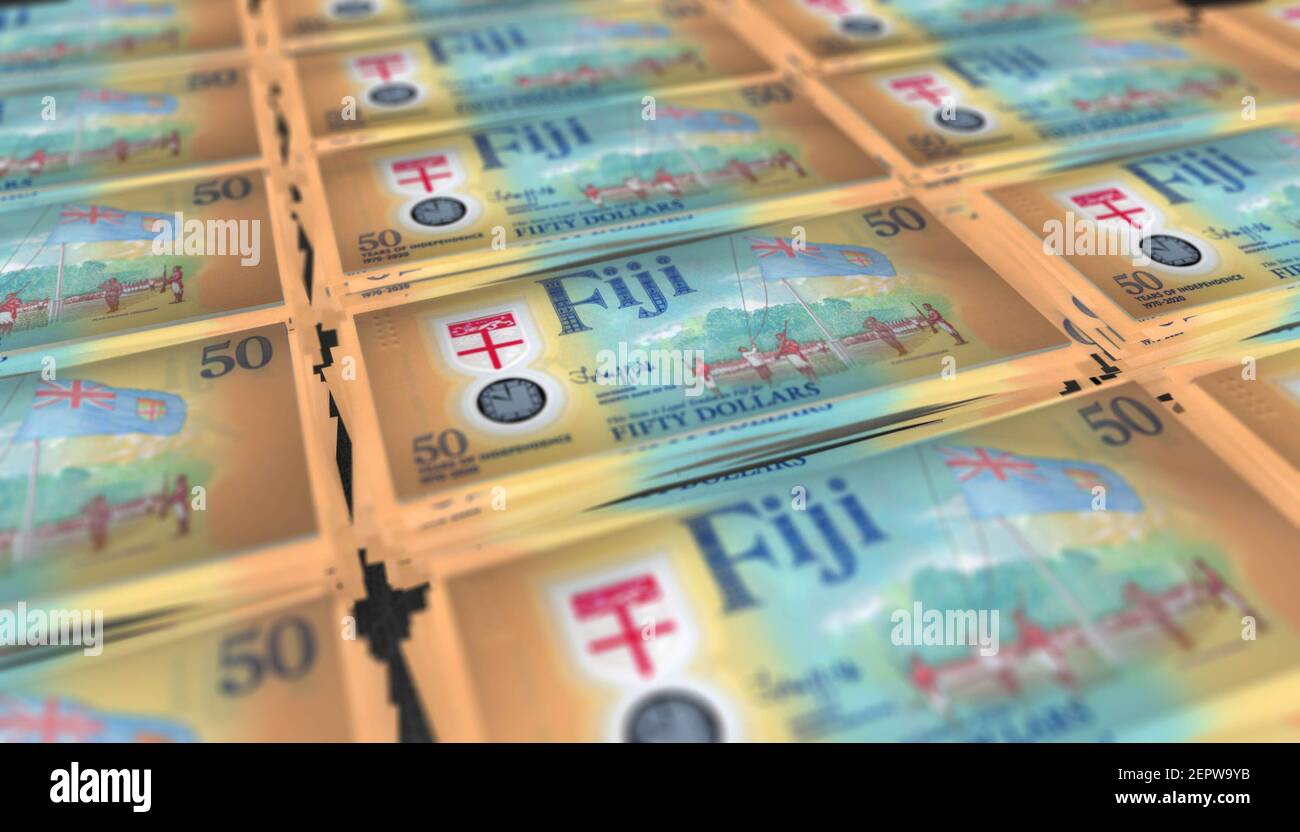 3D illustration of Fiji 50 Dollars bills stacks background Stock Photo ...