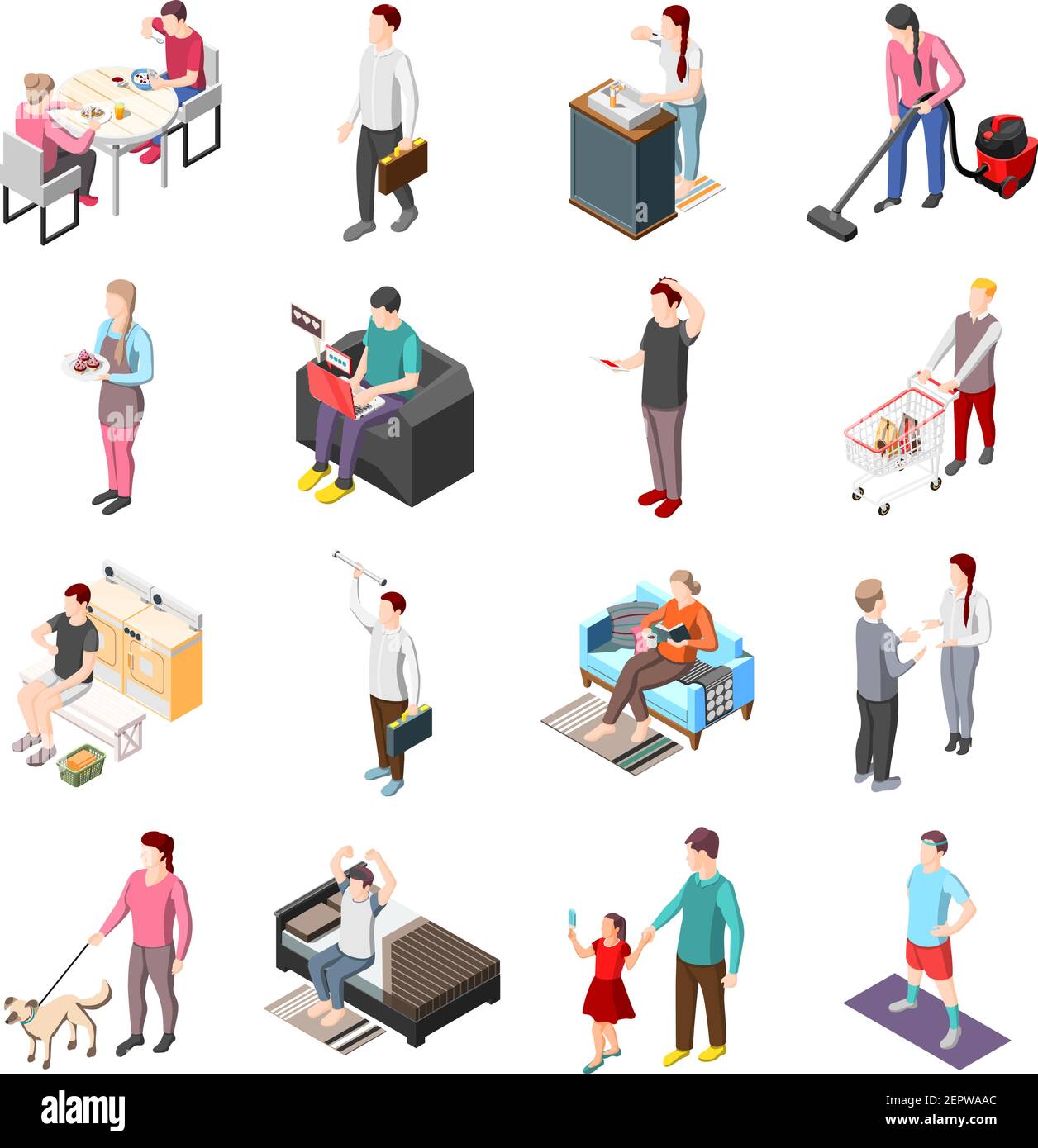 Life of ordinary people isometric icons set with men and women involved ...