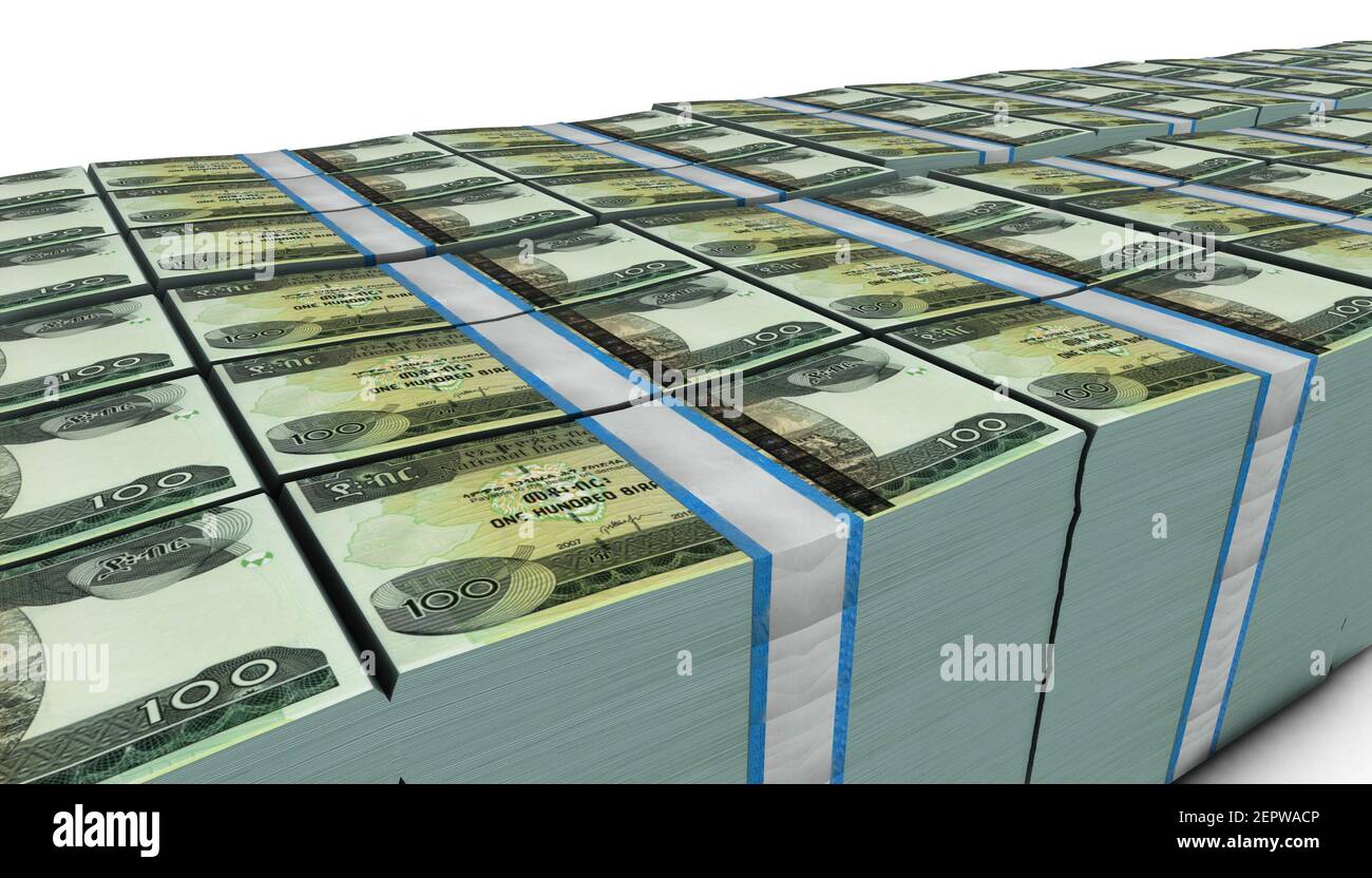 3D illustration of Ethiopia 100 Birr bills stacks background Stock ...