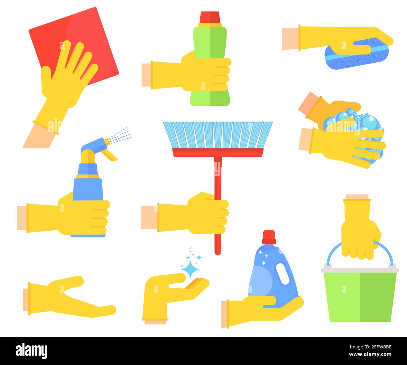 Clean flat vector icons set. Collection of cleaning tools in hand Stock ...