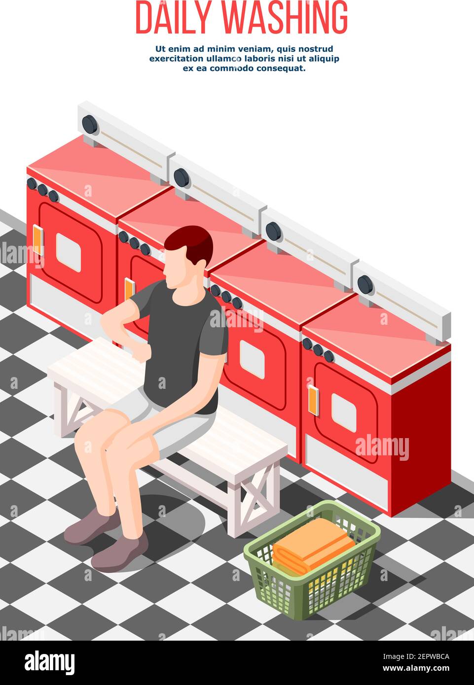 Daily routine isometric composition with male character in laundry room ...