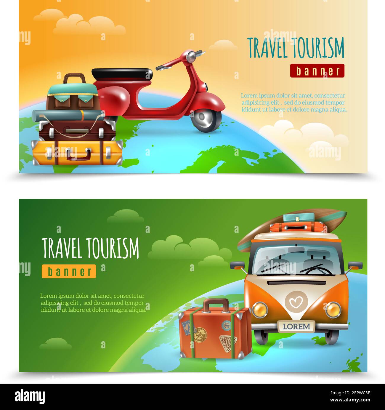 Set of two horizontal travel tourism banners with earth globe suitcase ...