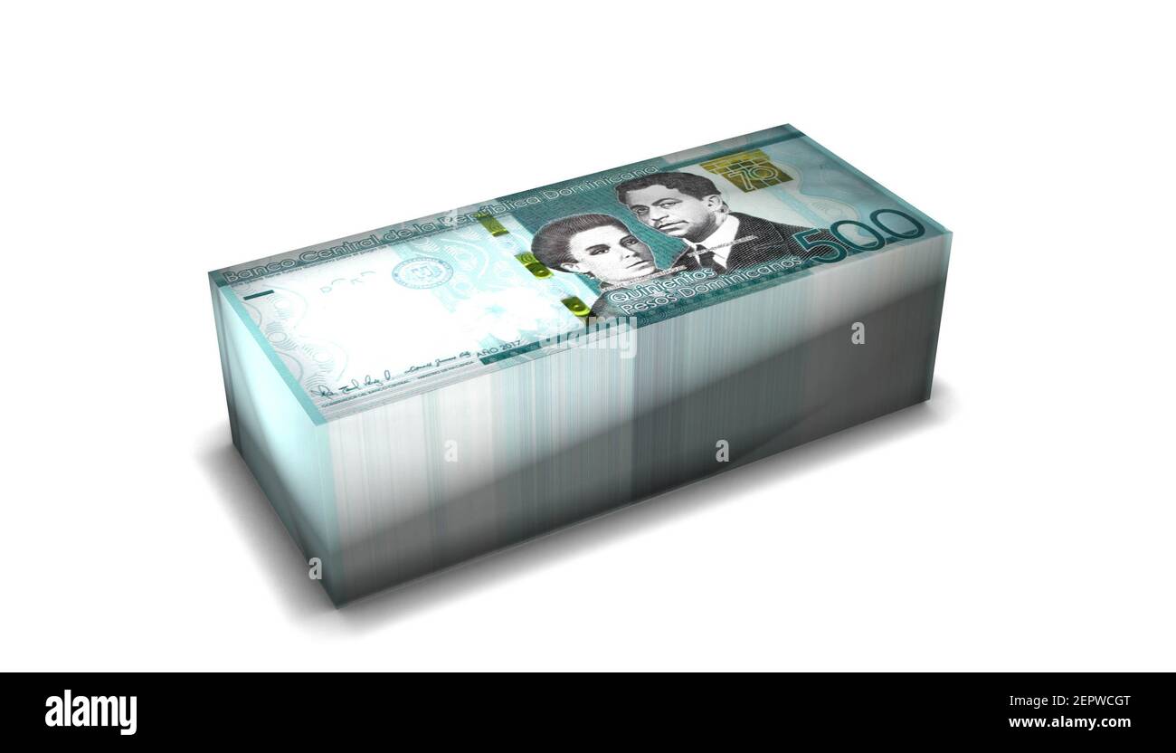 3D illustration of Dominican Republic 500 Pesos bills stacks background ...