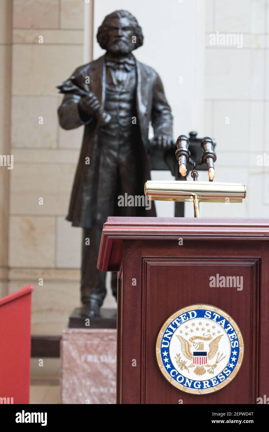 The statue of Frederick Douglass stands in Emancipation Hall, before ...
