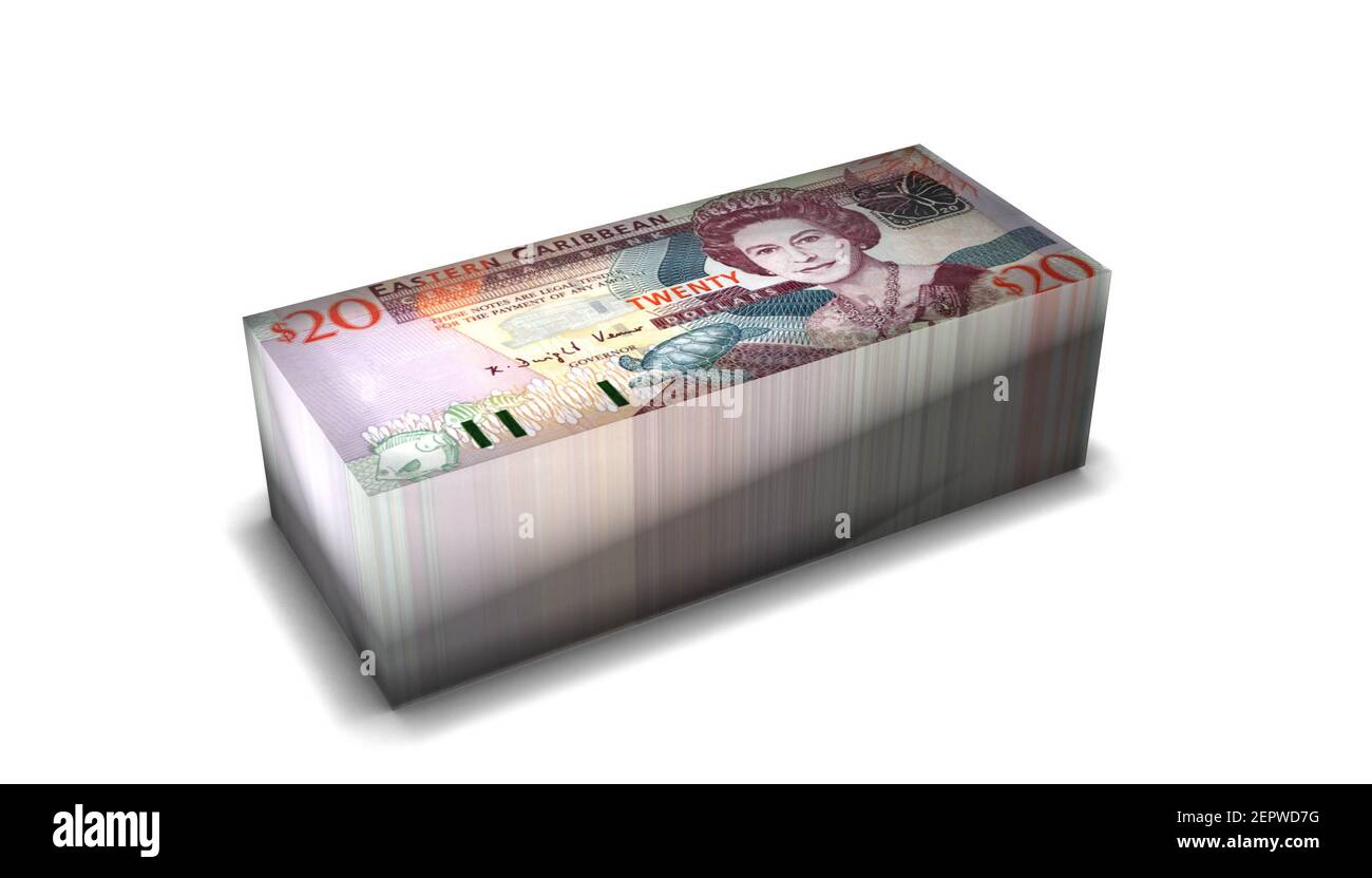 3D illustration of Dominica 20 Dollars bills stacks background Stock ...
