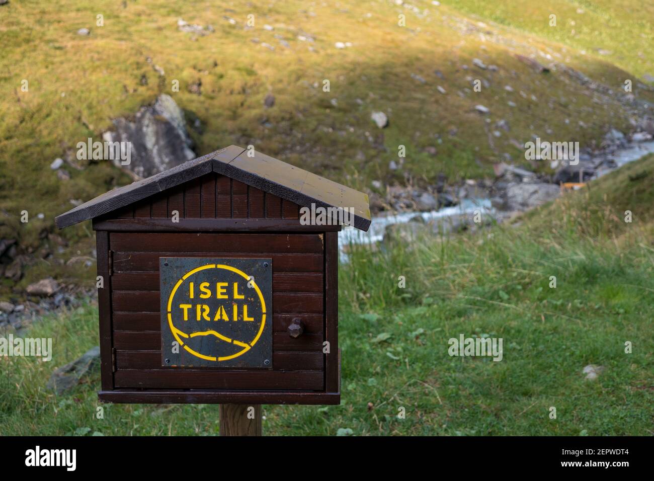 Wooden sign of Isel Trail. Umbaltal alpine valley. Virgental in ...