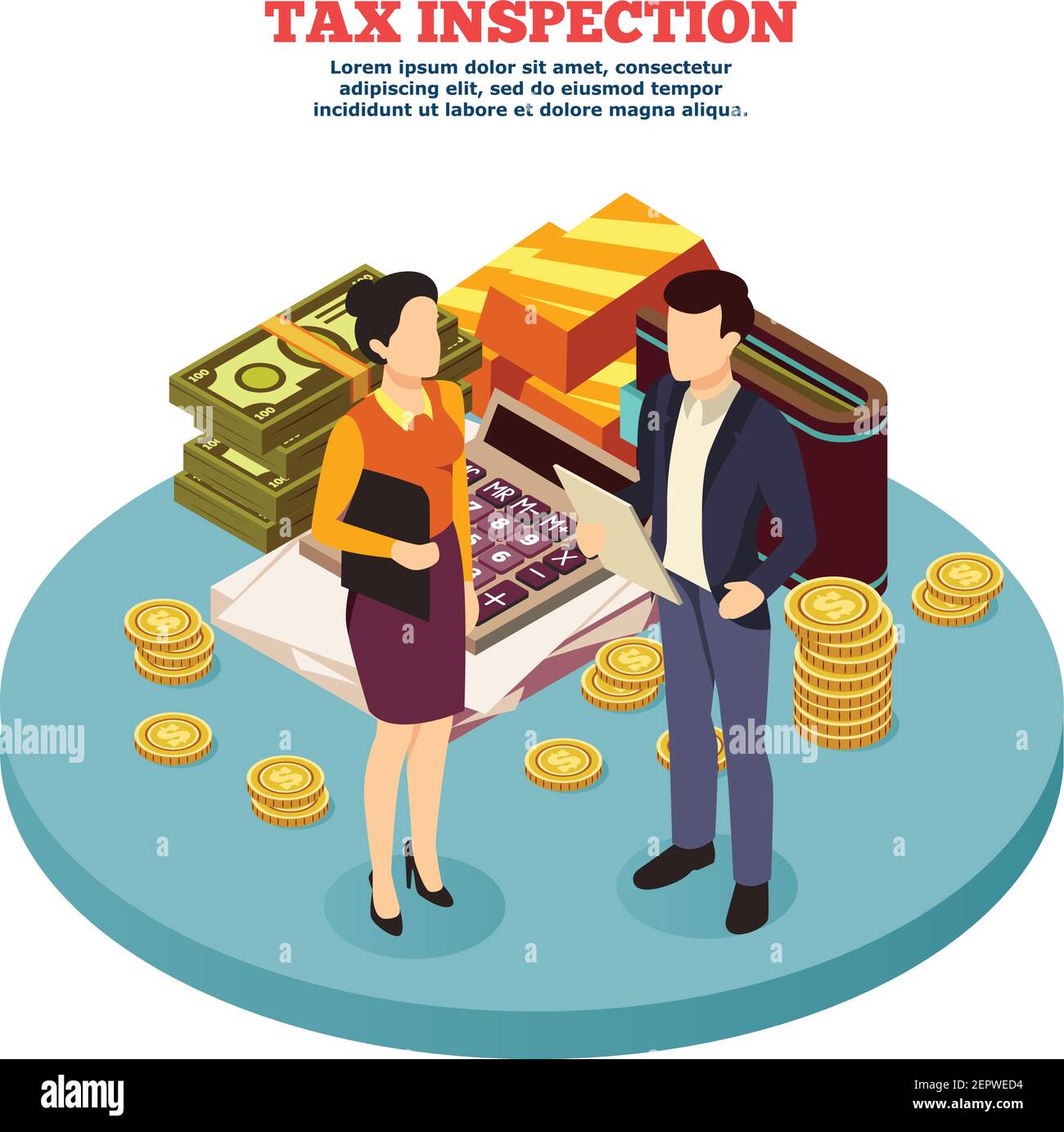 Tax inspection Isometric composition with man and woman figurines and ...