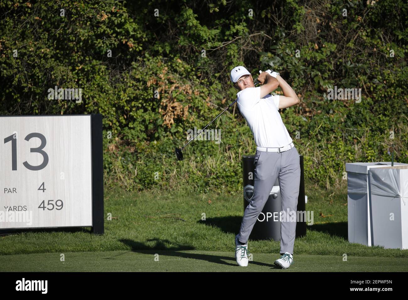 February 15, 2018 Jordan Spieth hits a tee shot during the first round ...