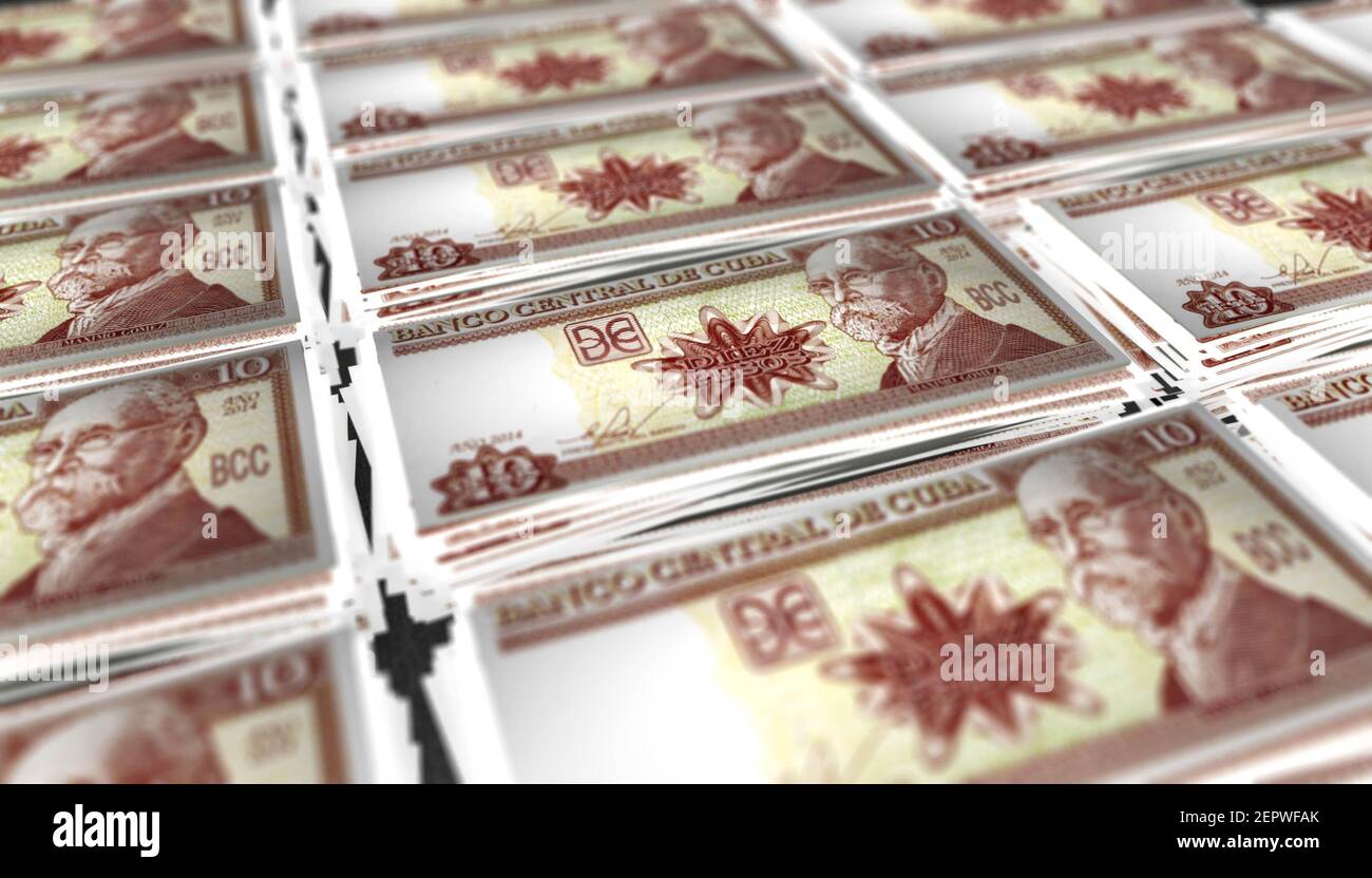 3D illustration of Cuba 10 Pesos bills stacks background Stock Photo ...