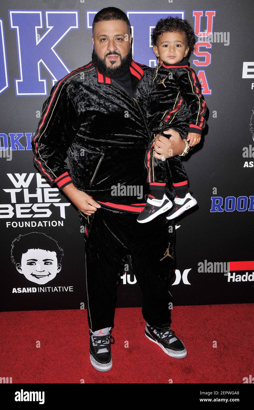 (L-R) DJ Khaled and Son Asahd Khaled arrives at the 2018 Rookie USA Fashion Show held at MILK in ...