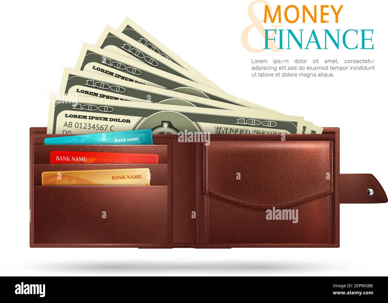 Colored realistic wallet composition with money and finance headline ...