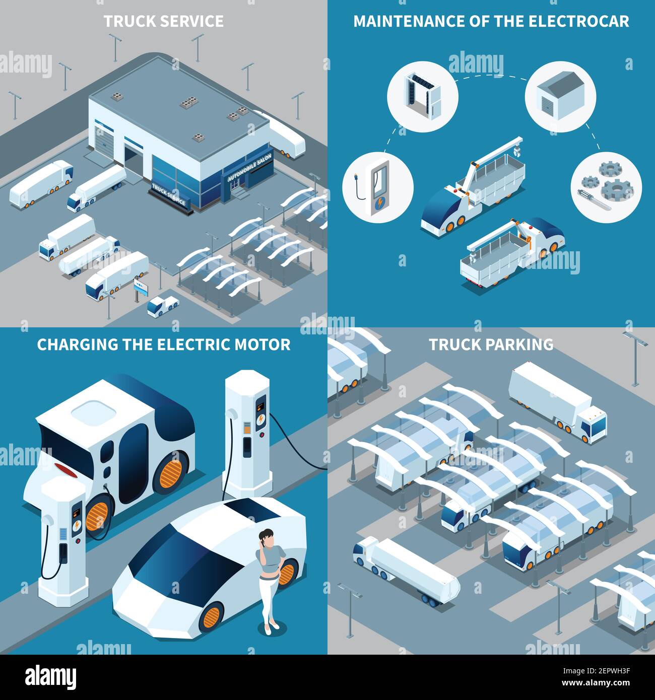 Futuristic electric vehicles isometric design concept with truck ...