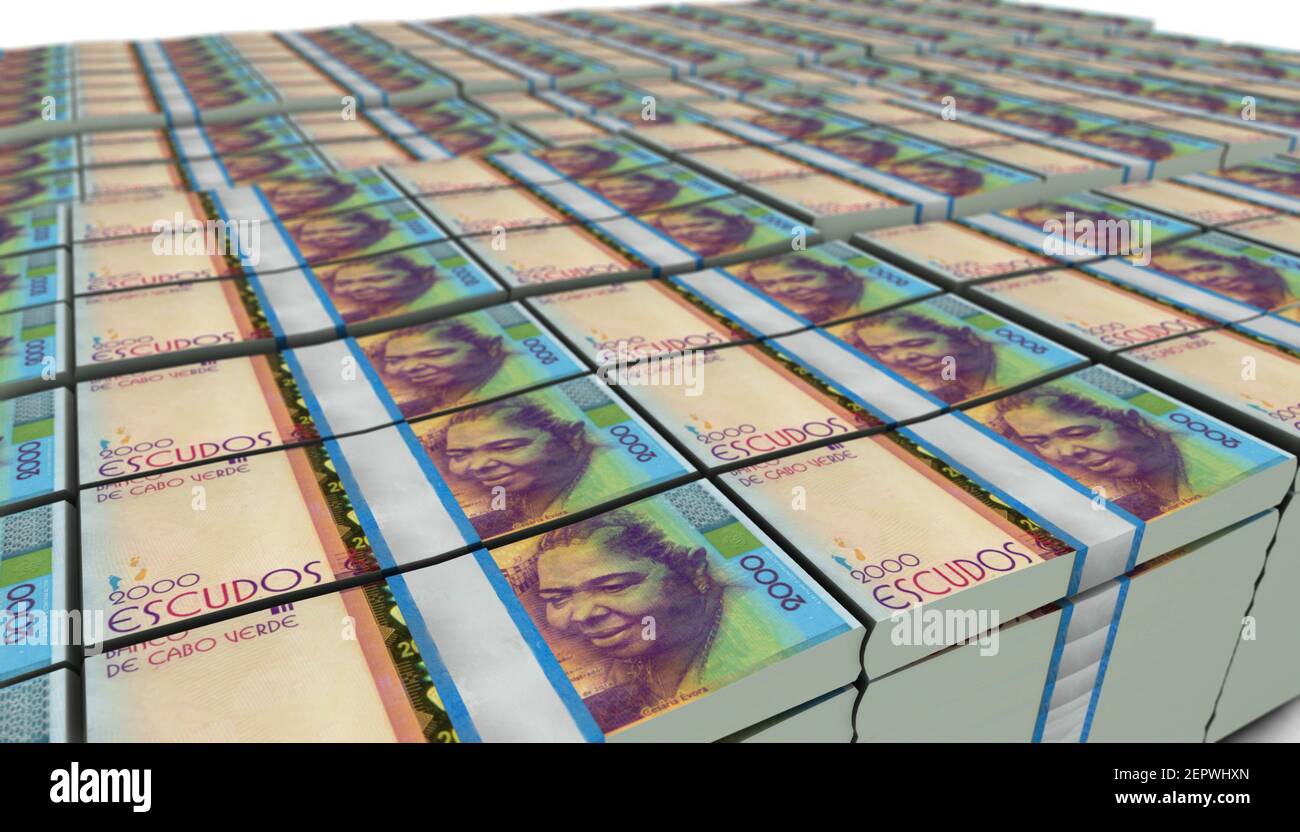 3D illustration of Cape Verde 2000 Escudos bills stacks background ...