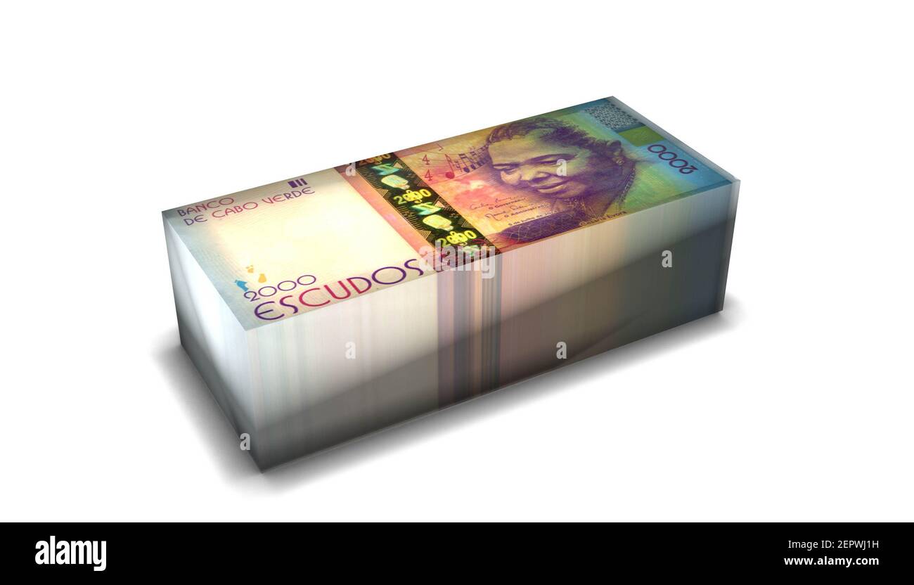 3D illustration of Cape Verde 2000 Escudos bills stacks background ...