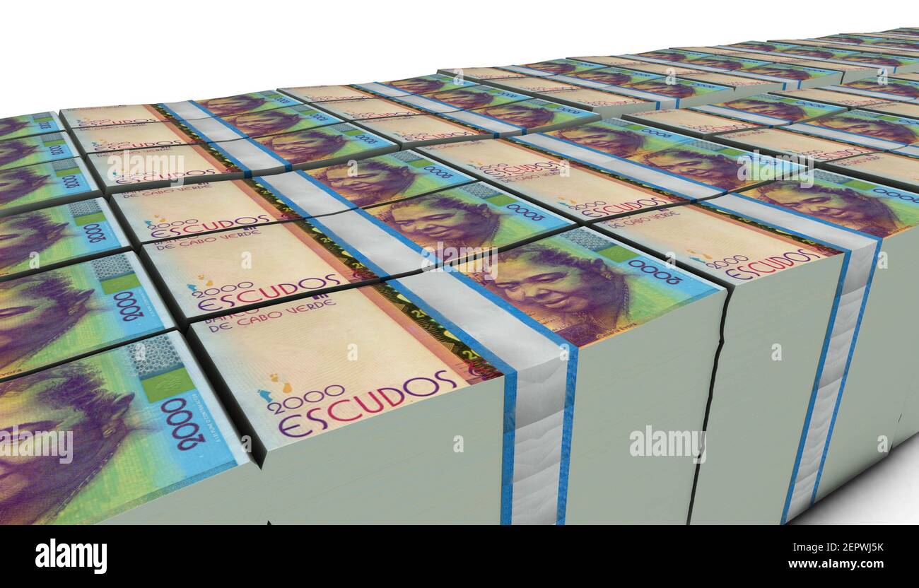 3D illustration of Cape Verde 2000 Escudos bills stacks background ...