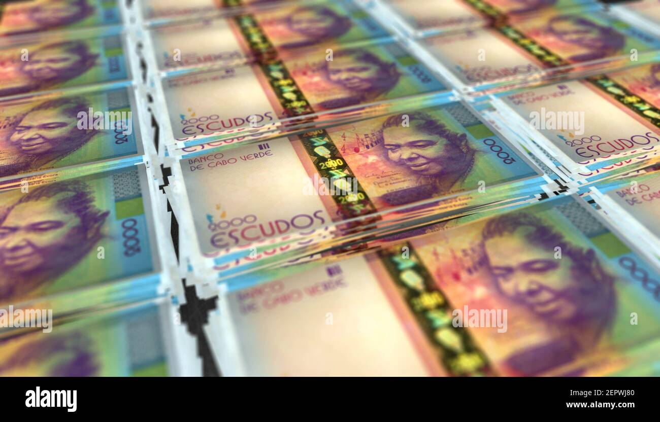 3D illustration of Cape Verde 2000 Escudos bills stacks background ...