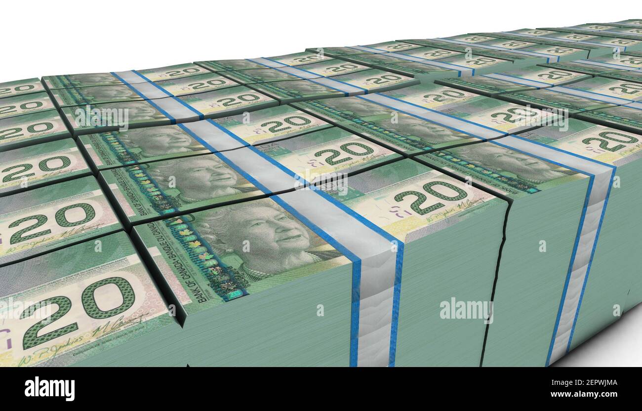 3D illustration of Canada 20 Dollars bills stacks background Stock ...