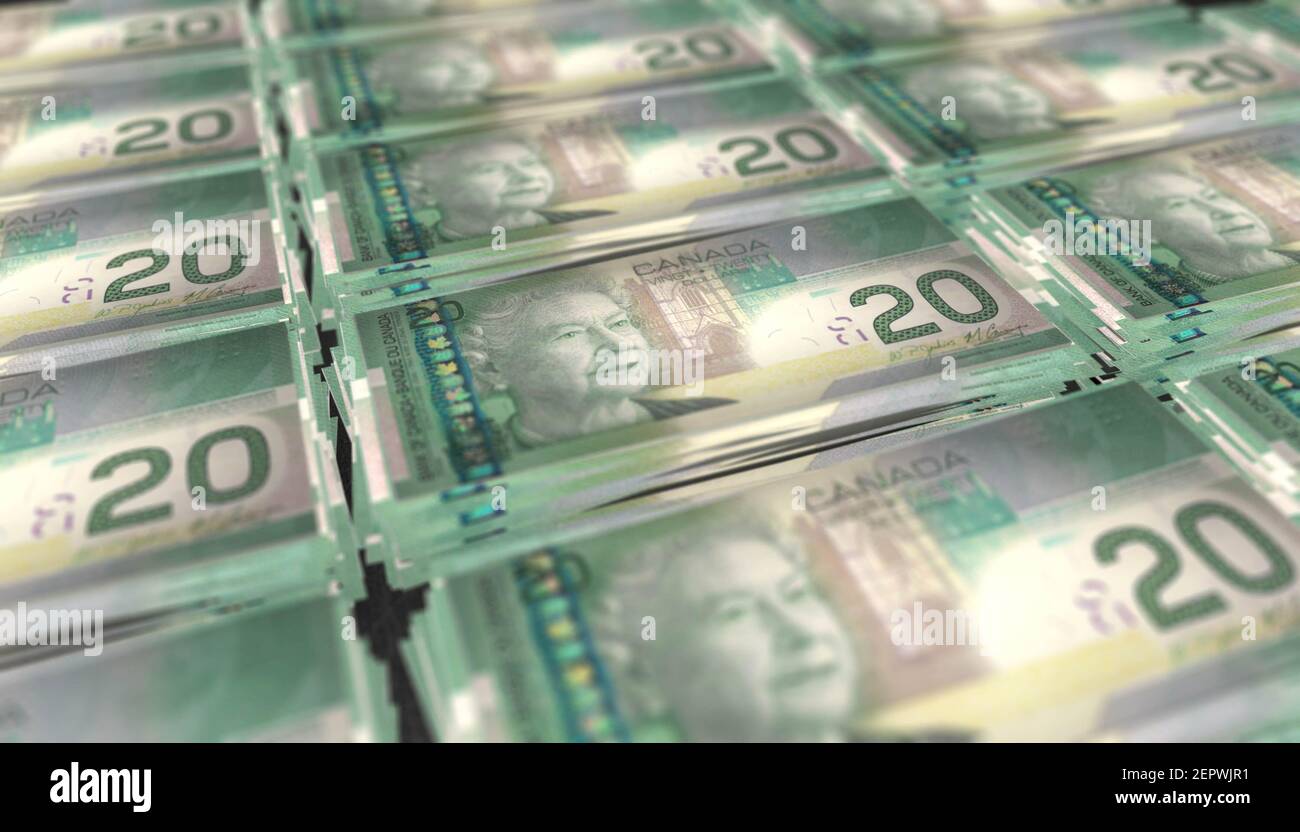 3D illustration of Canada 20 Dollars bills stacks background Stock ...