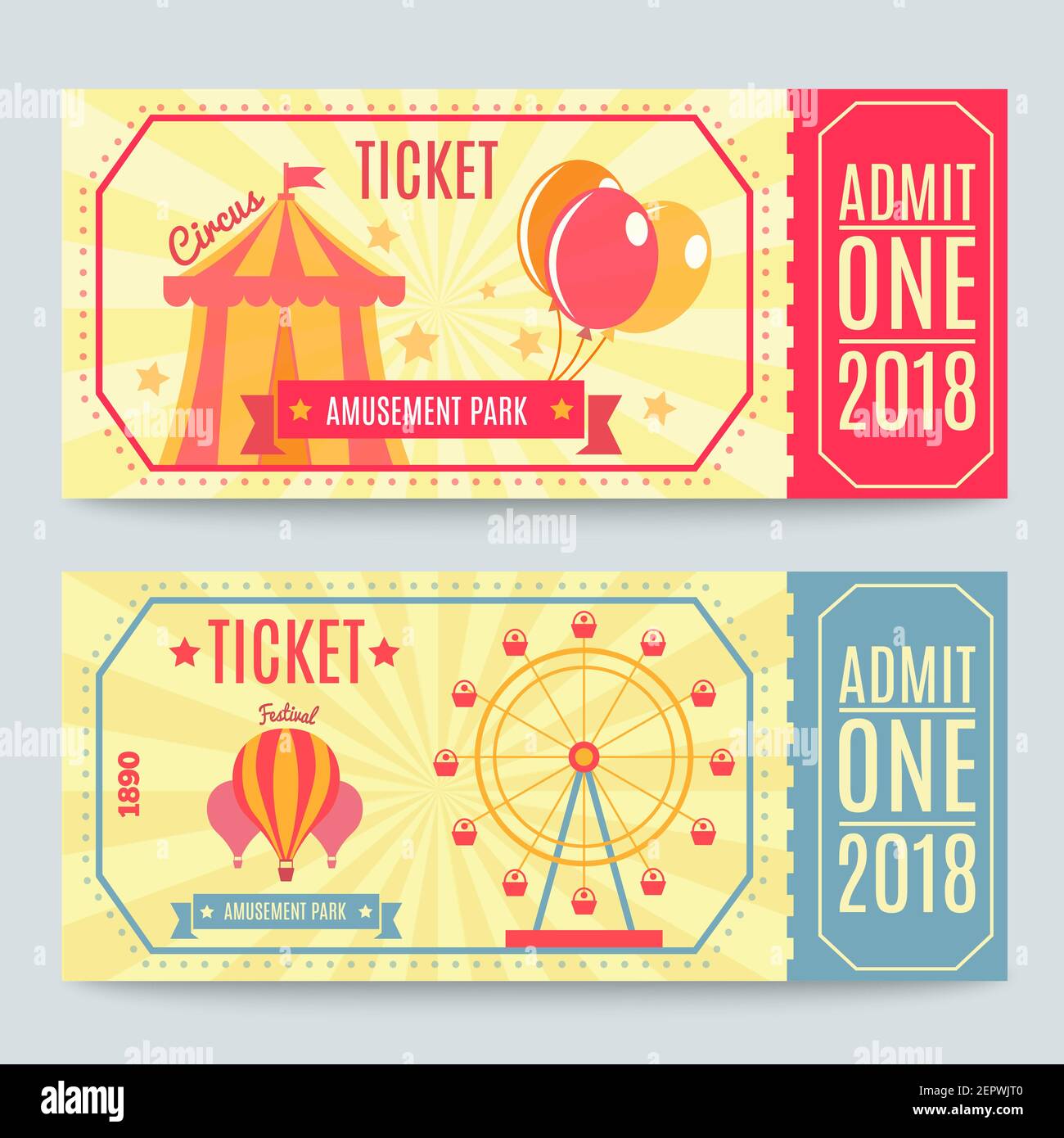 Amusement park tickets collection of two printed coupons with flat ...