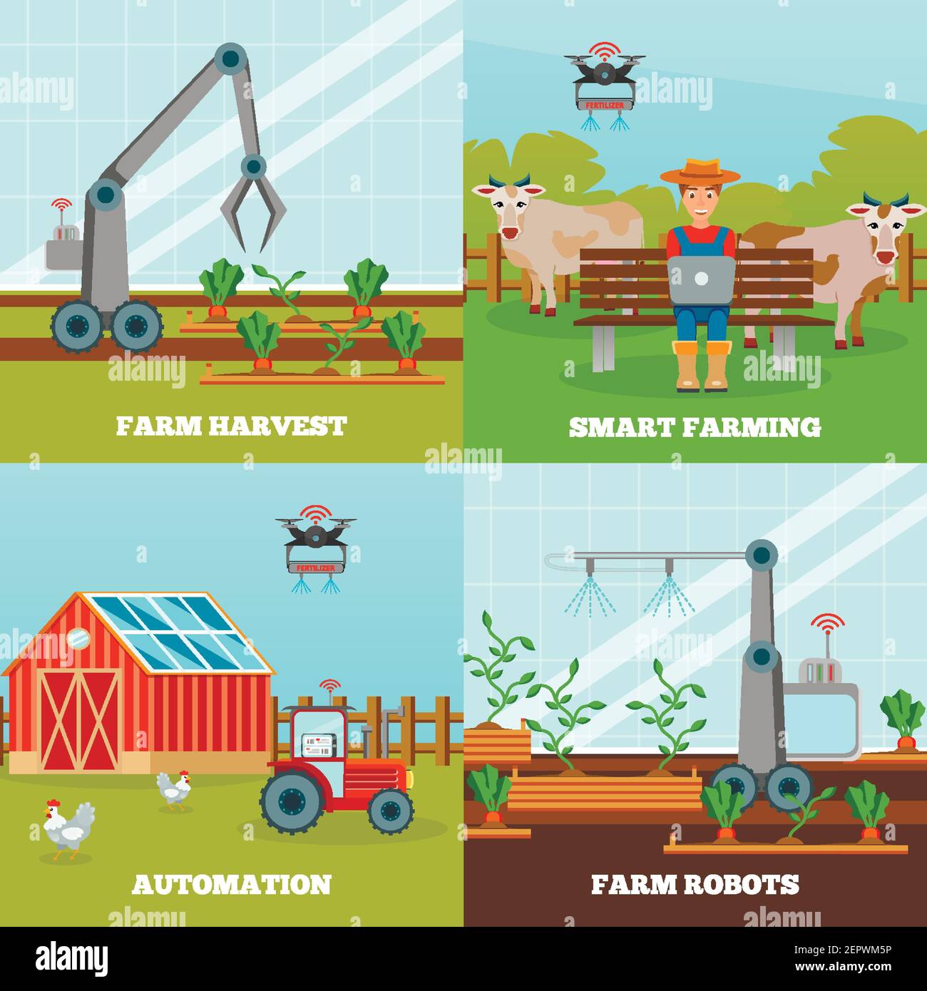 Smart farming 2x2 design concept with farm robots for growing ...