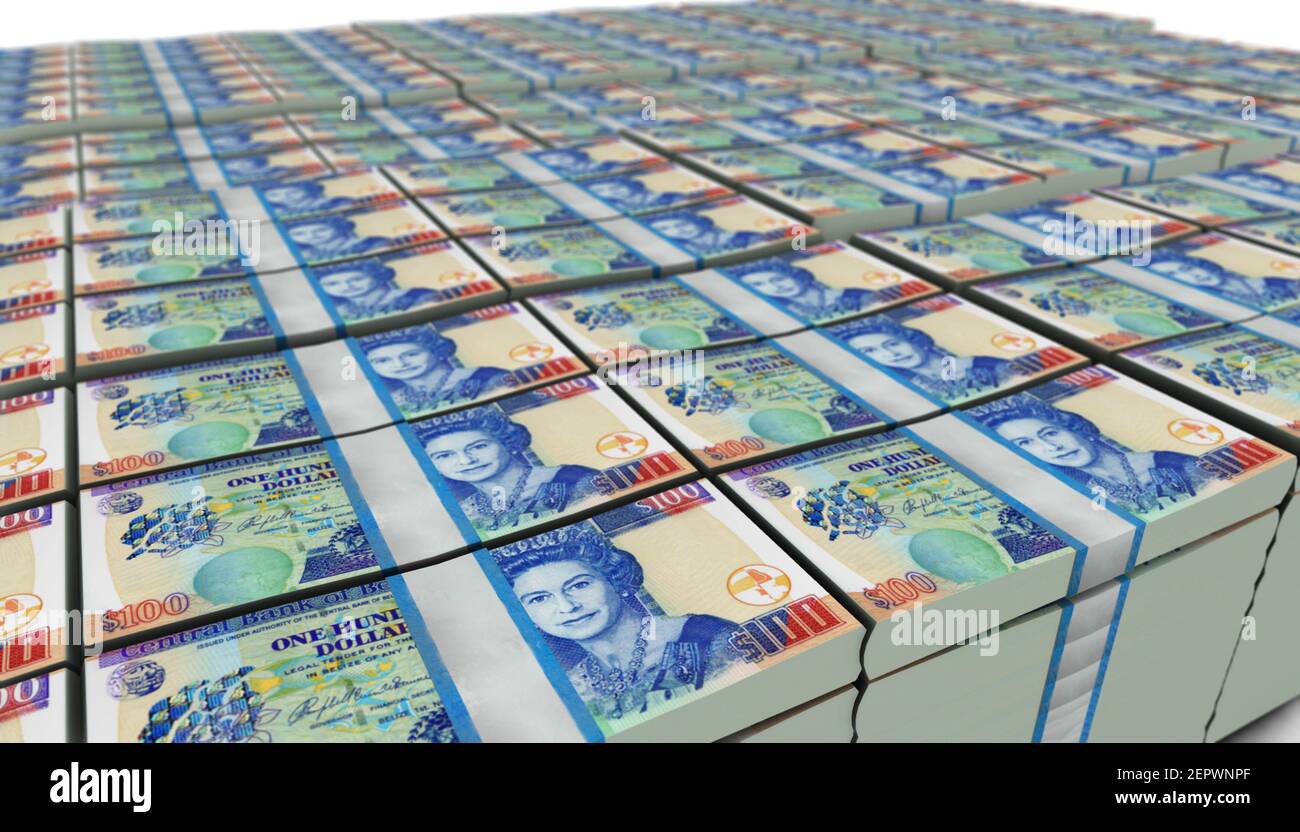 3D illustration of Belize 100 Dollars bills stacks background Stock ...