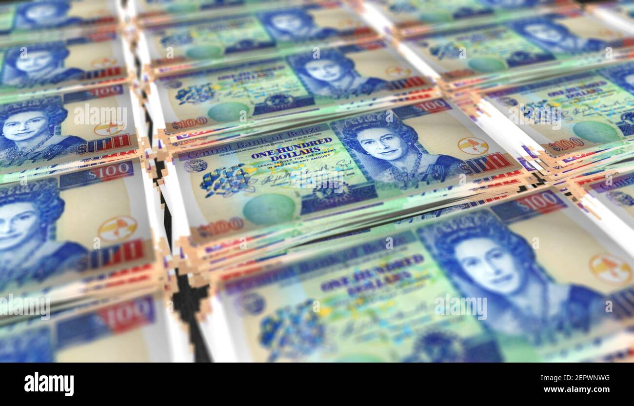 3D illustration of Belize 100 Dollars bills stacks background Stock ...