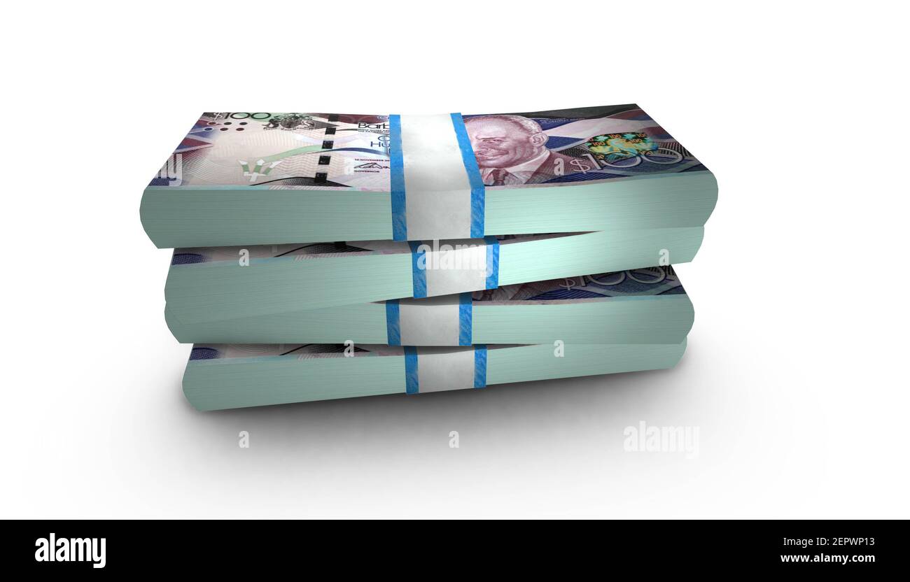 3D illustration of Barbados 100 Dollars bills stacks background Stock ...
