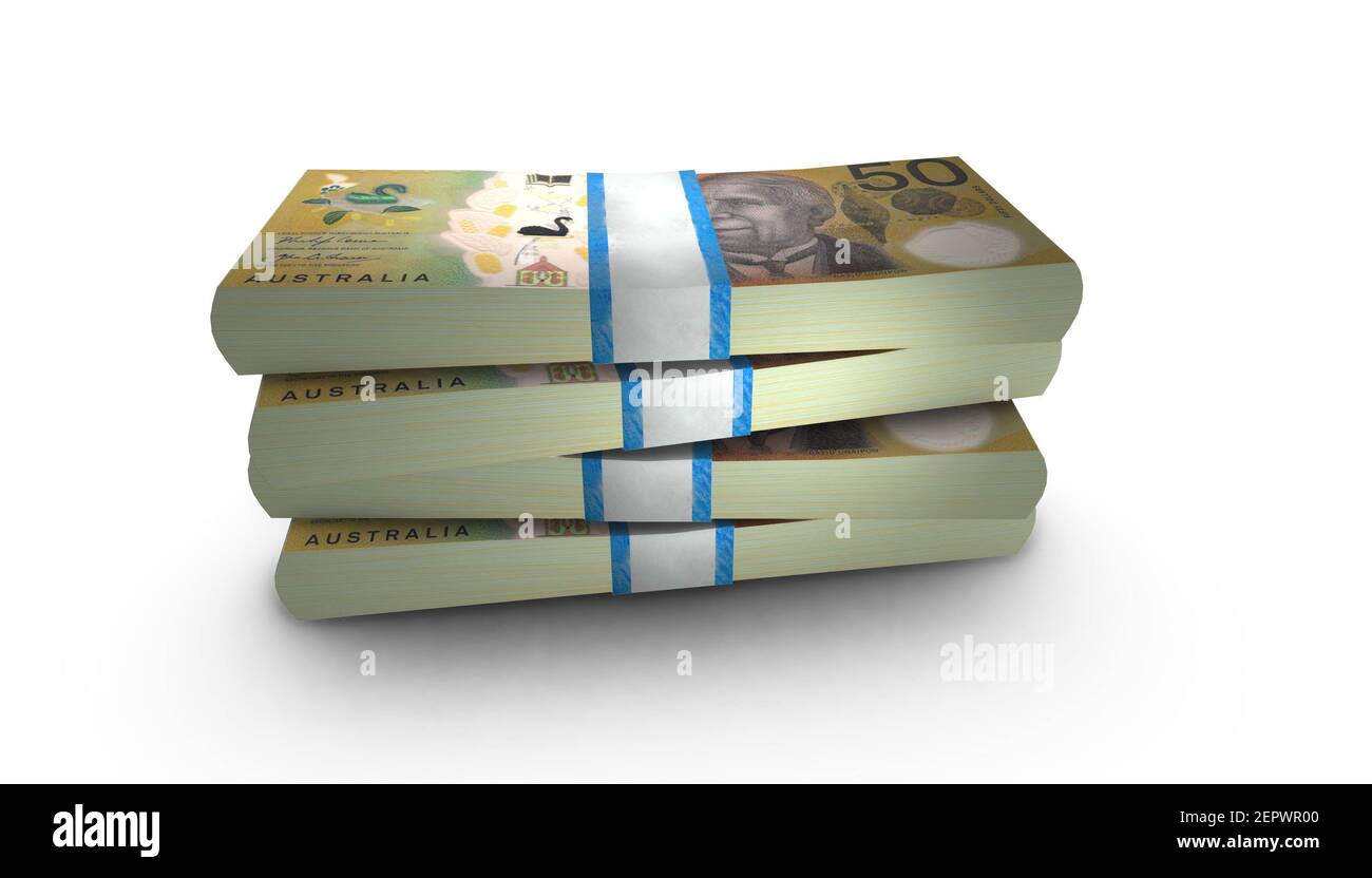 3D illustration of Australia 50 Dollars bills stacks background Stock ...