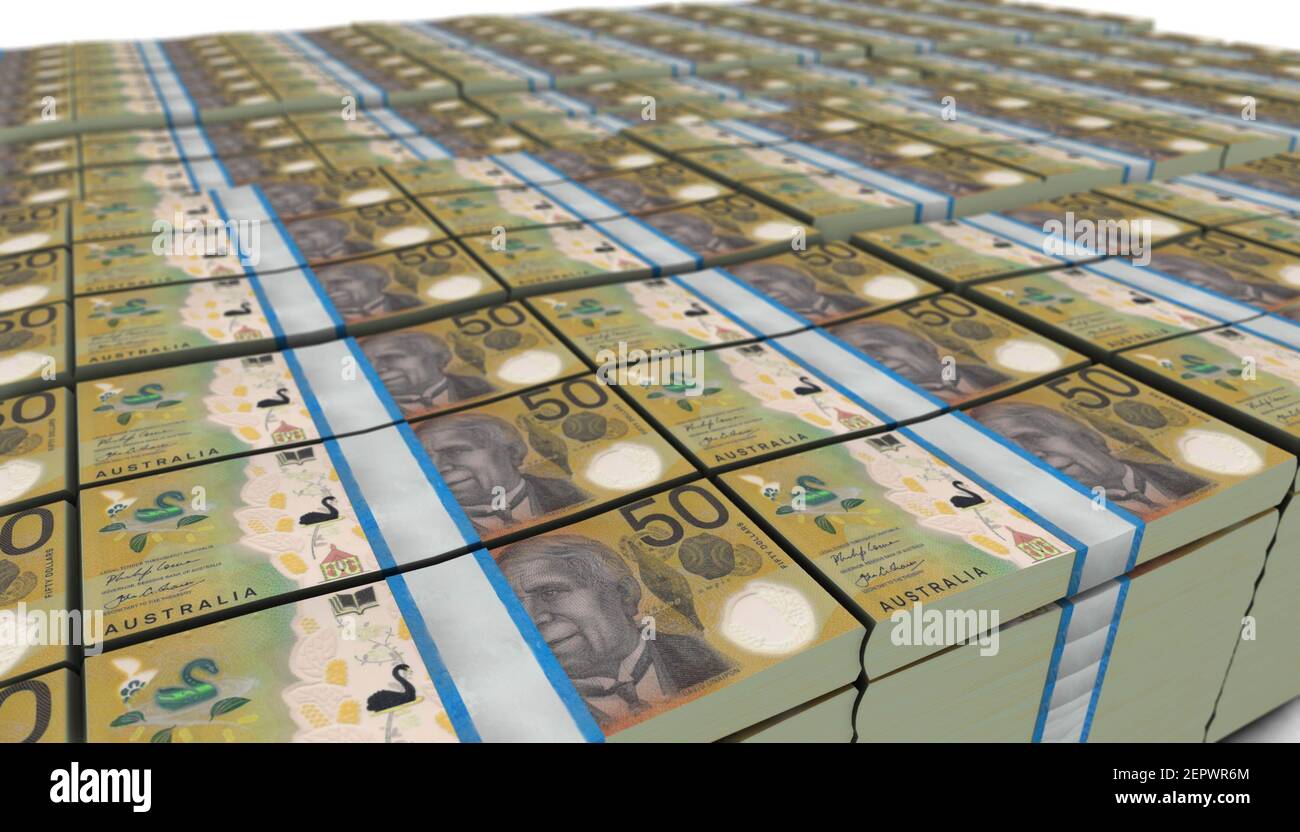 3D illustration of Australia 50 Dollars bills stacks background Stock ...