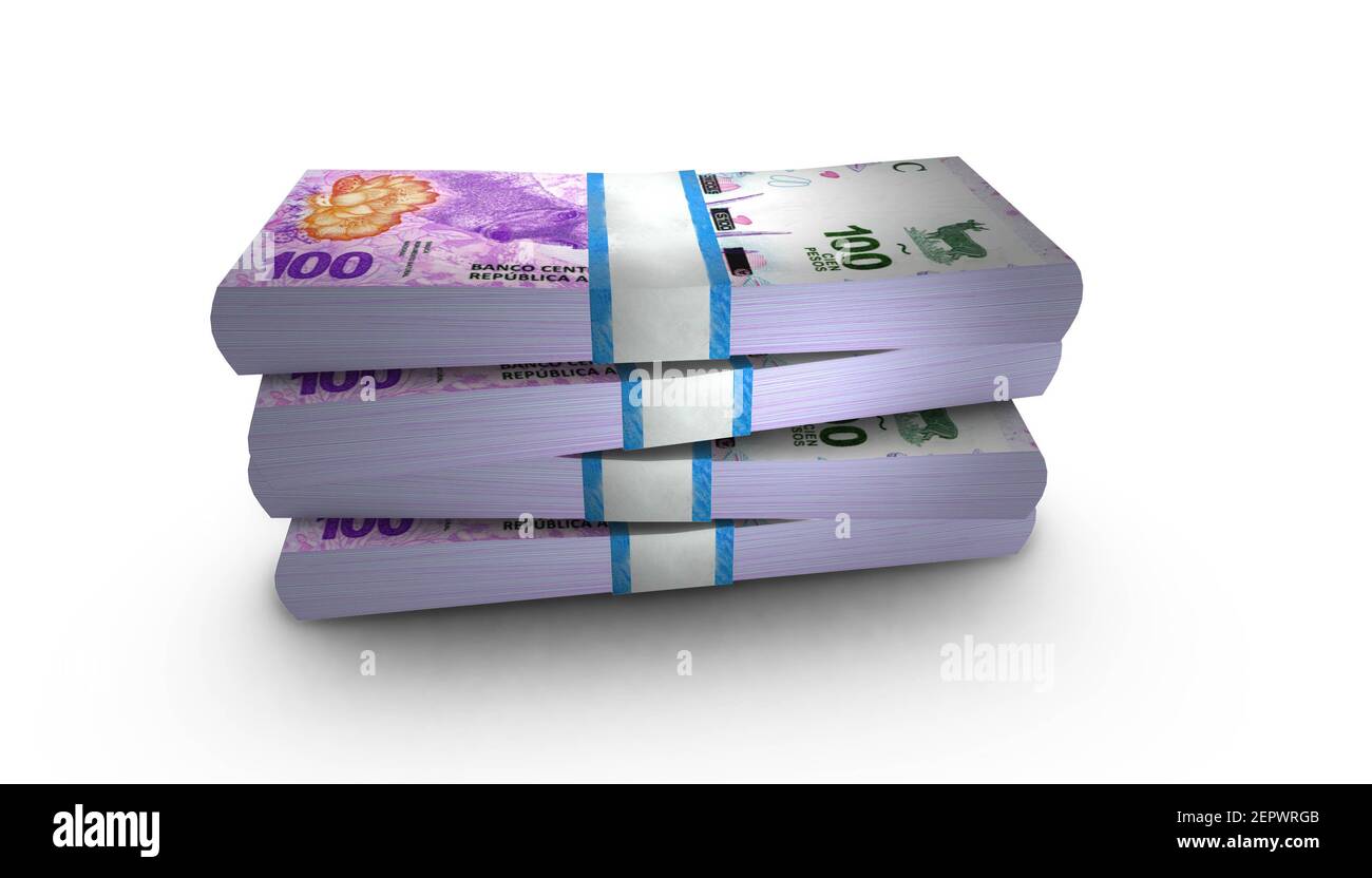 3D illustration of Argentina 100 Pesos bills stacks background Stock ...