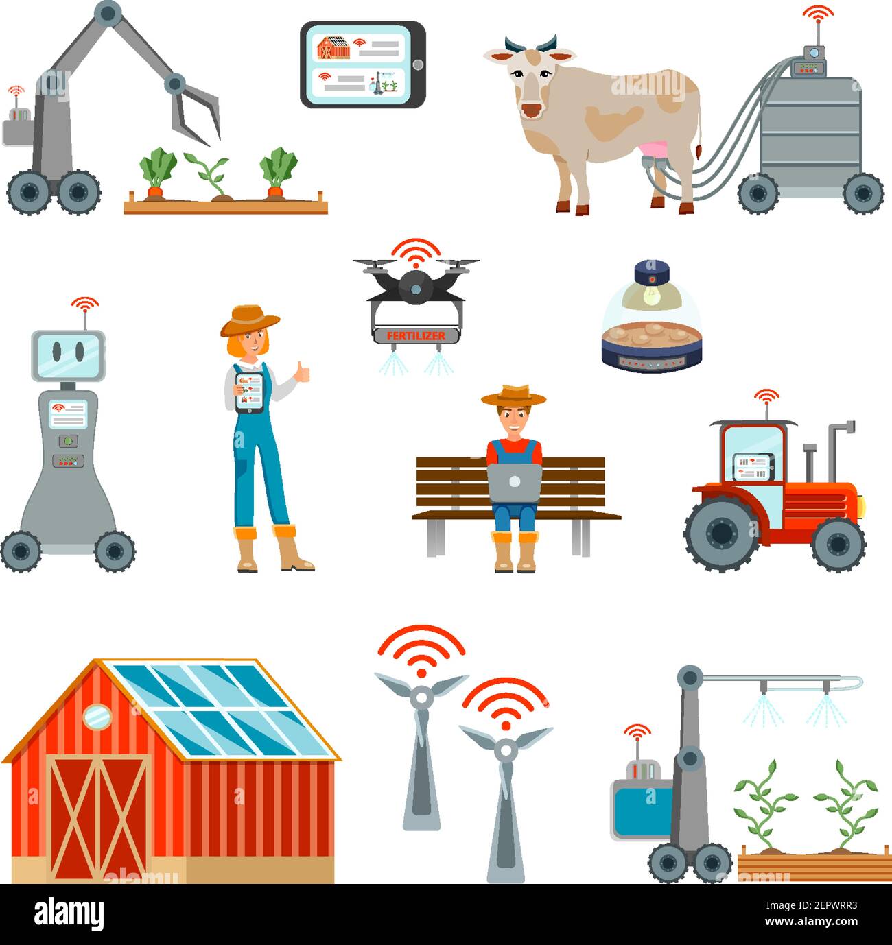 Smart farming flat set with automatic milking harvesting robots wind ...